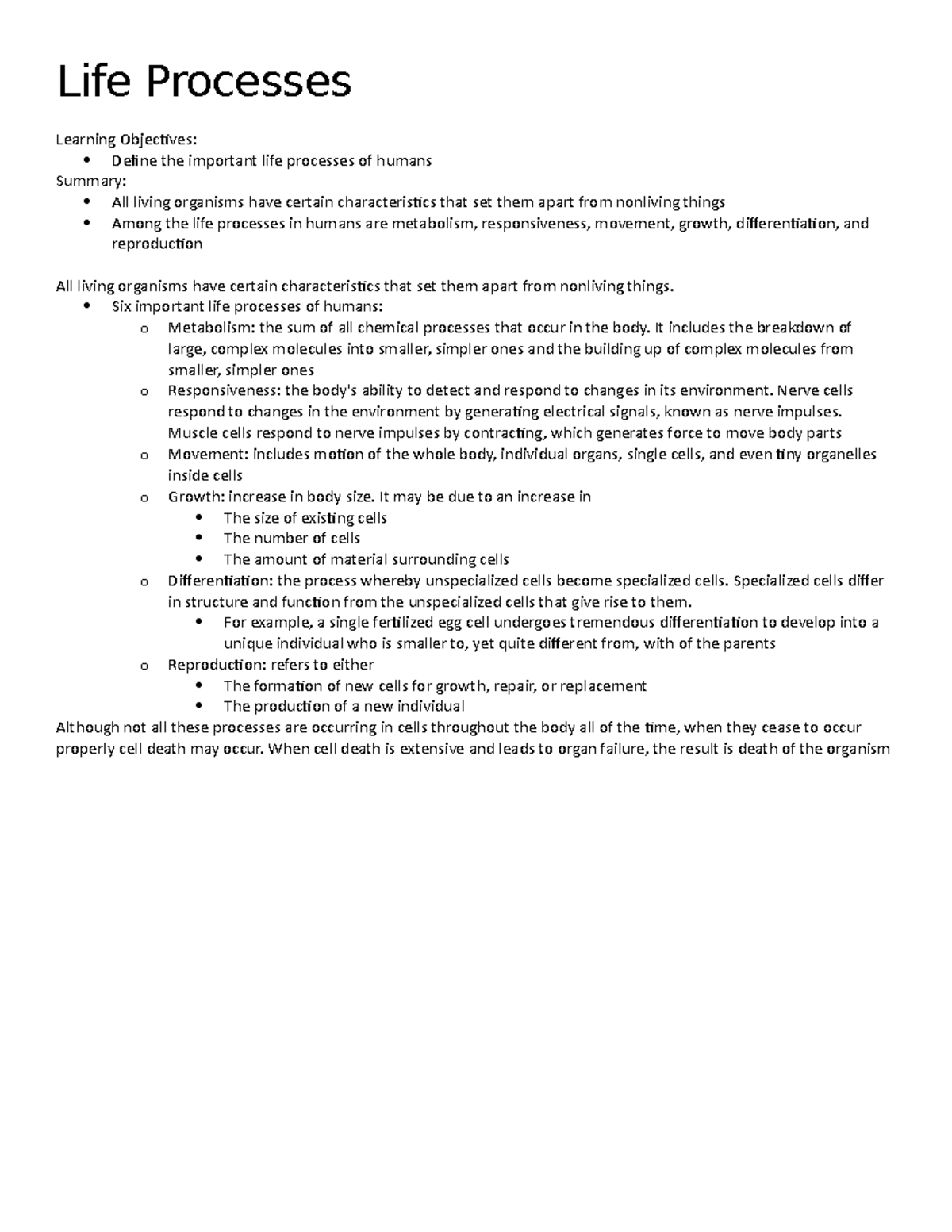 Life Processes - Lecture notes 1 - Life Processes Learning Objectives ...