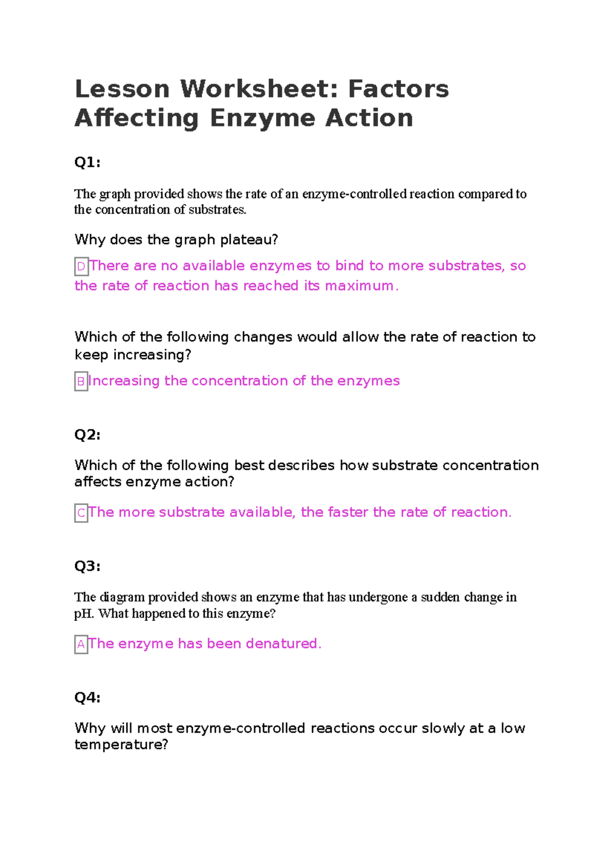 Lesson Worksheet Factors Affecting Enzyme Action - Lesson Worksheet ...