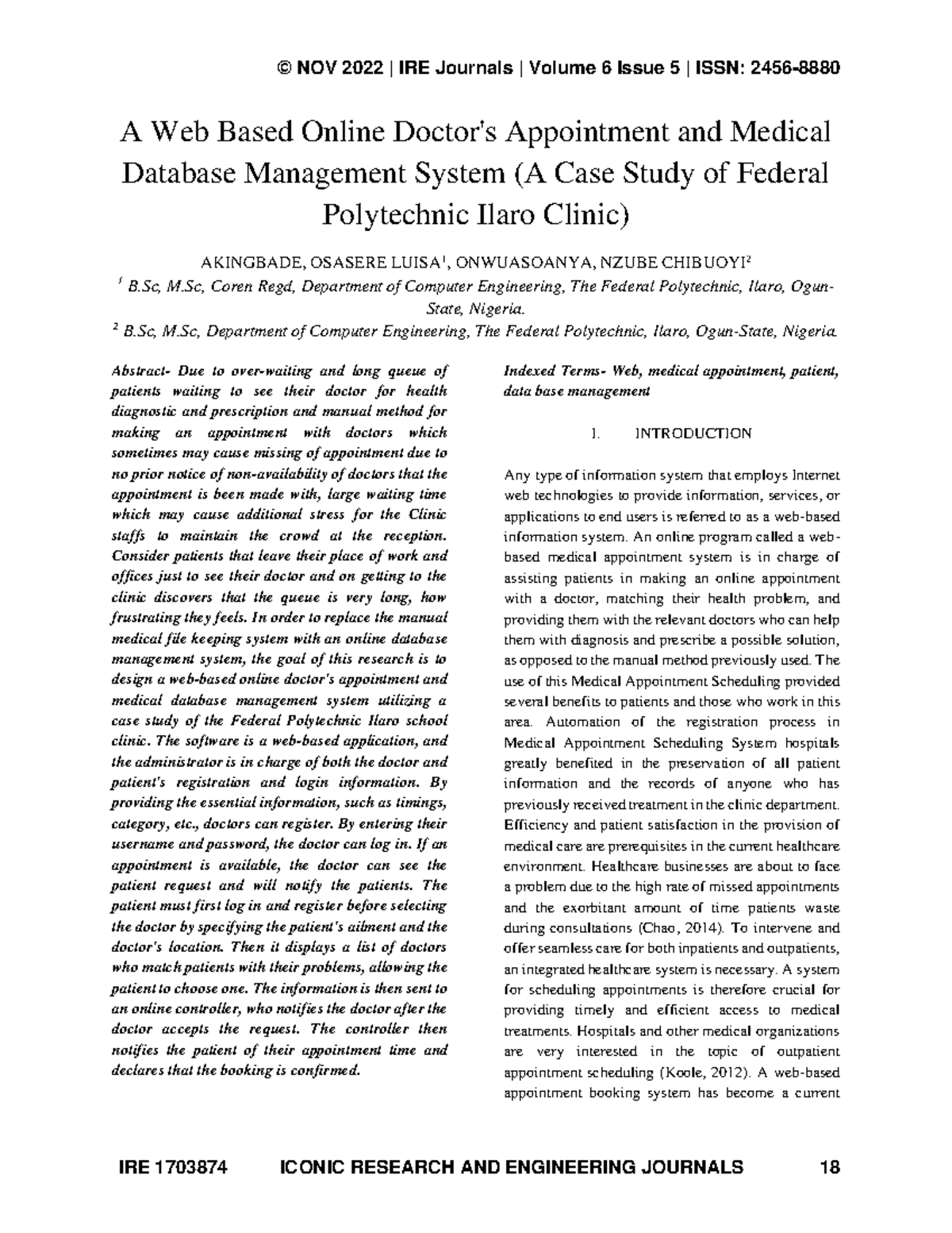 IRE Journal Akingbade and Onwuasoanya - A Web Based Online Doctor's ...