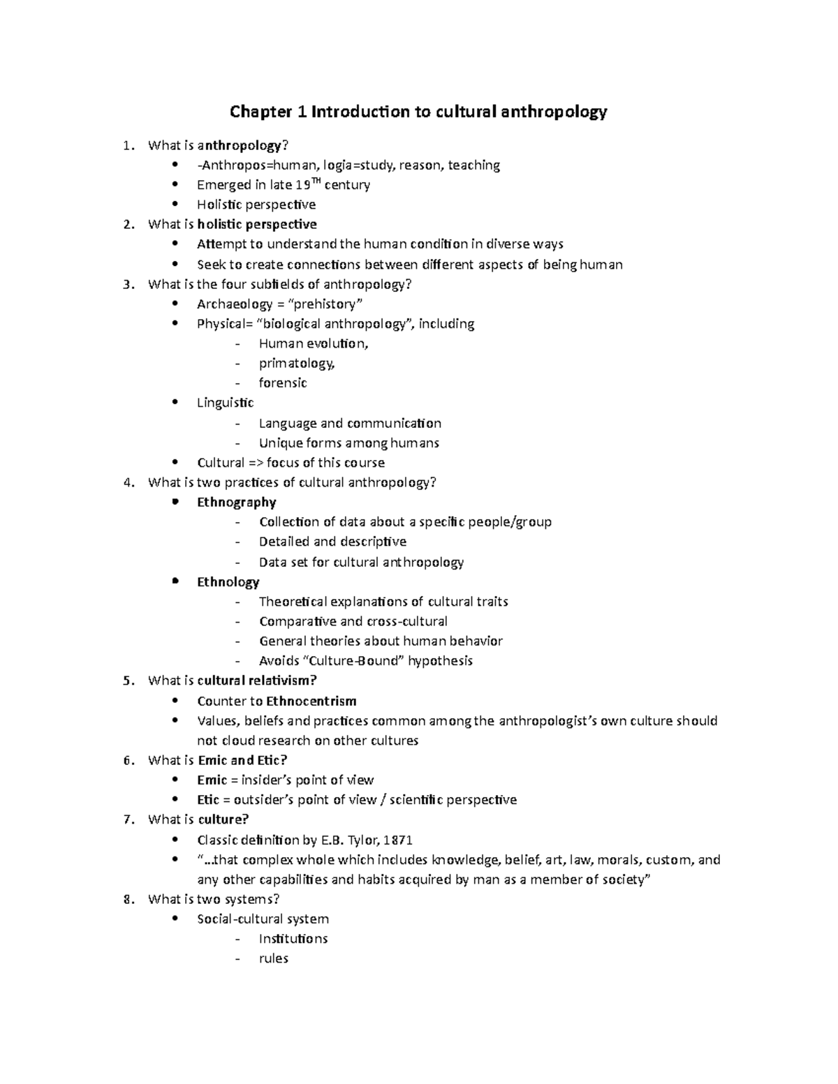 Chapter 1 Introduction to cultural anthropology - Q and A - Chapter 1 ...