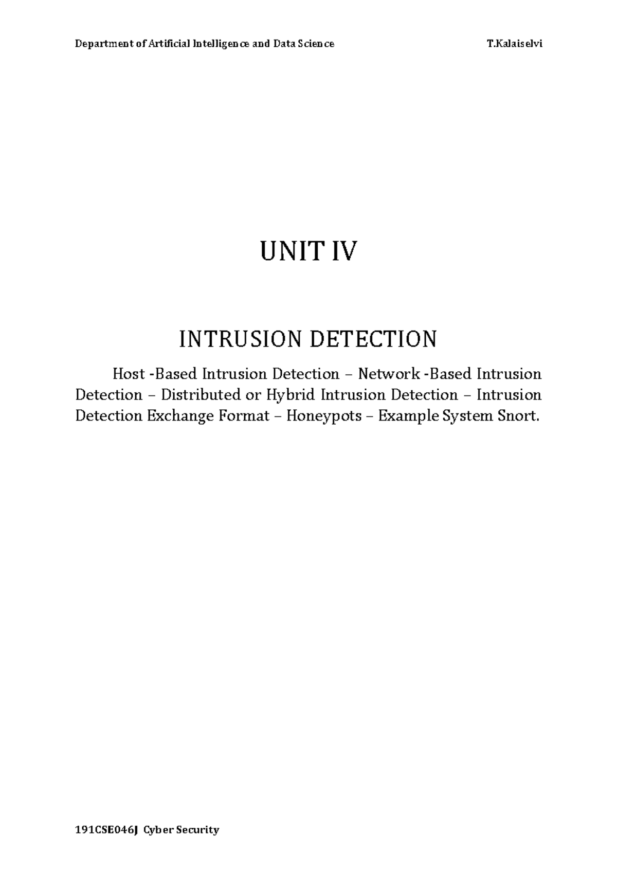 UNIT 4 -CS - 191CSE046J - UNIT IV INTRUSION DETECTION Host -Based ...
