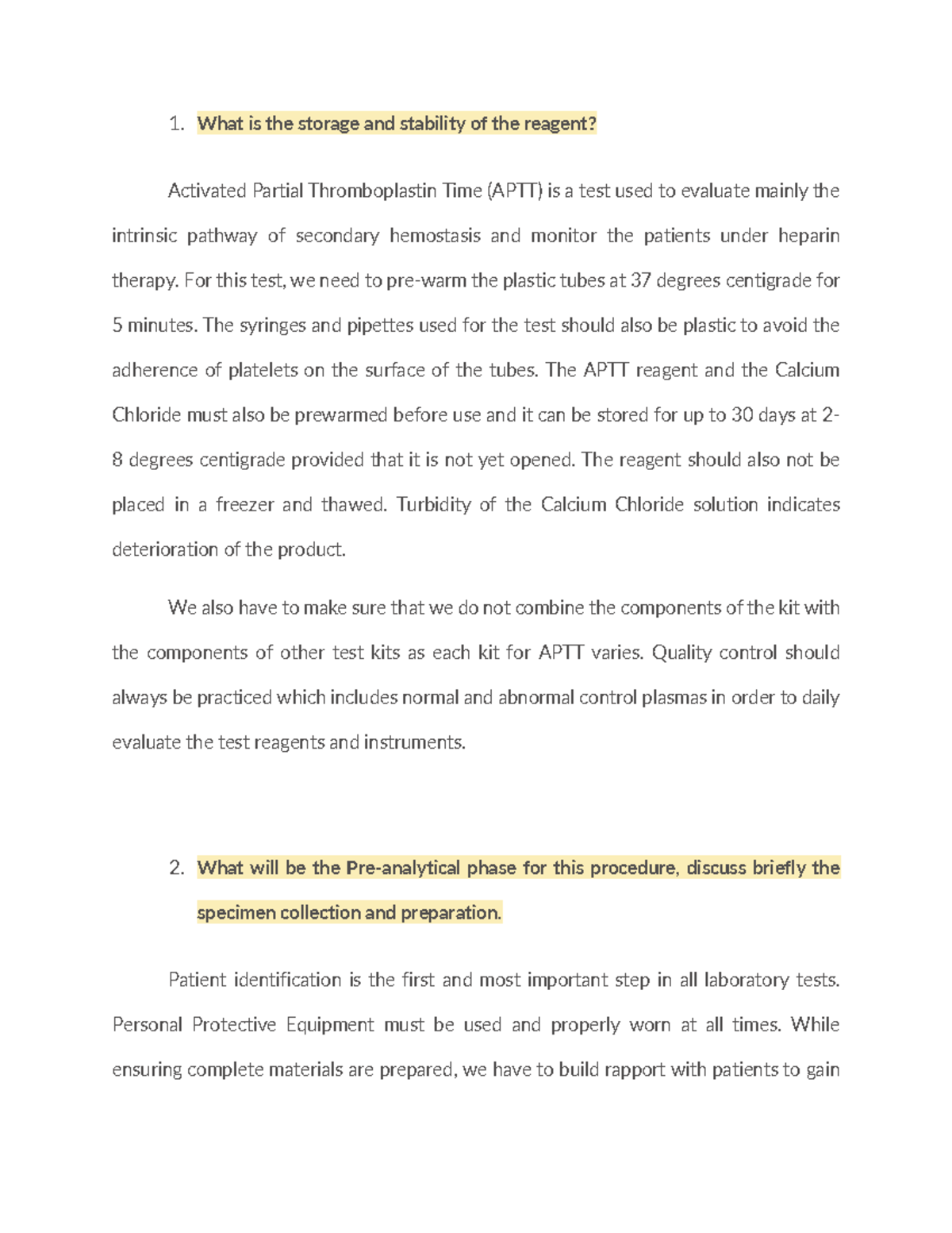 Active Partial Thromboplastin Time (APTT) - What is the storage and ...