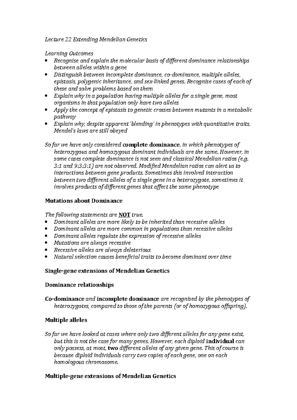 Lecture 22 Extending Mendelian Genetics - Lecture 22 Extending ...