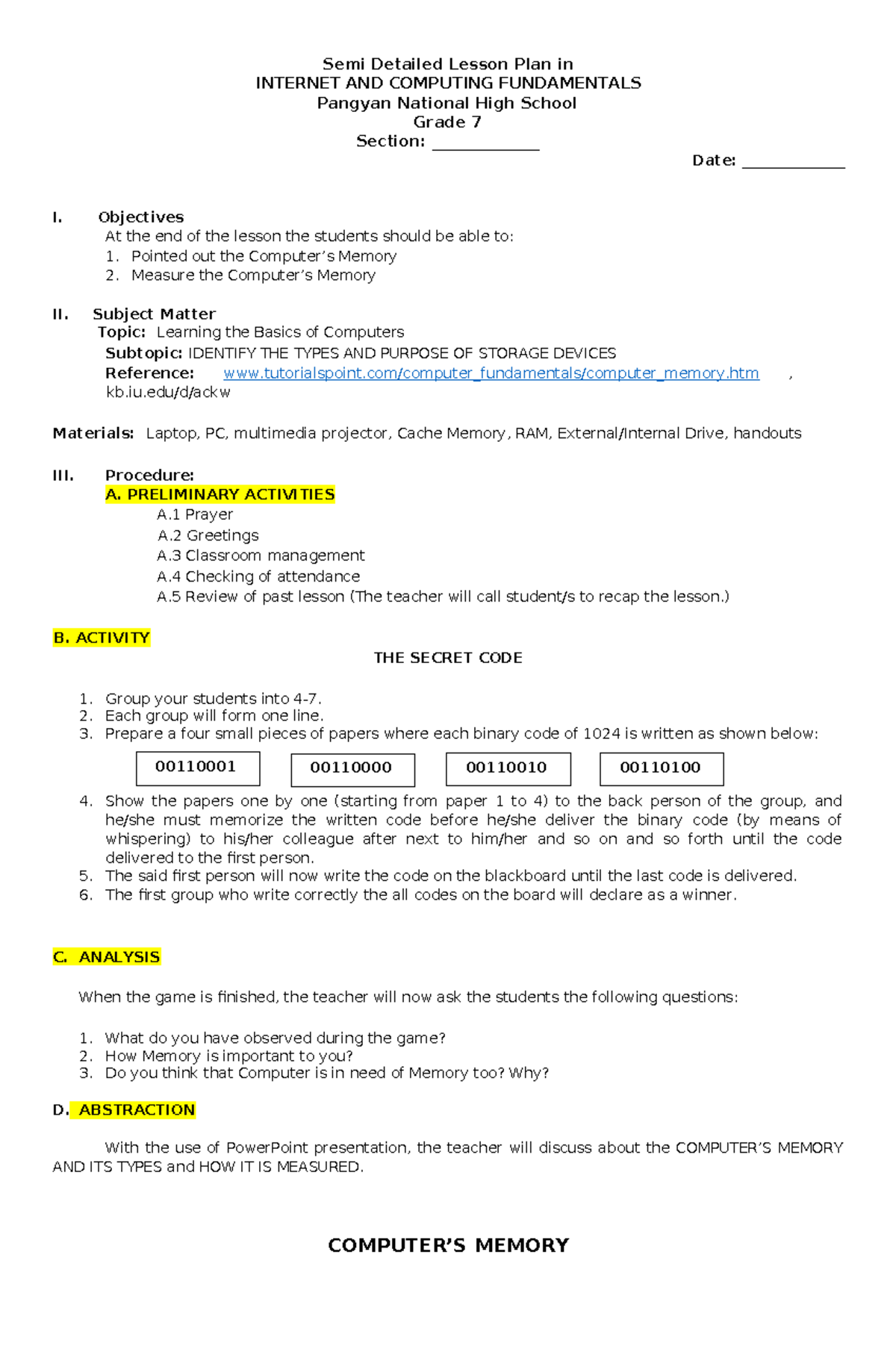 LO5 - 2 - LESSON PLAN - Semi Detailed Lesson Plan in INTERNET AND ...