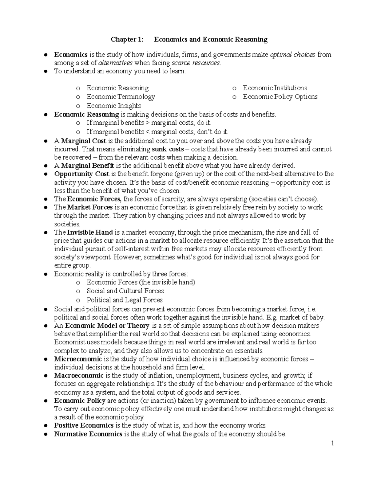 ECON 1010 Chapter Summary - Chapter 1: Economics and Economic Reasoning ...
