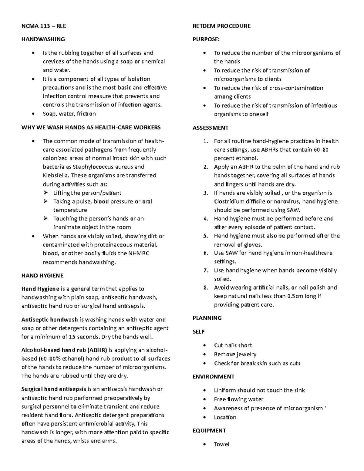 NCMA113-Ret Dem 1 - RETURN DEMO NCMA 113 - NCMA 113 – RLE HANDWASHING ...