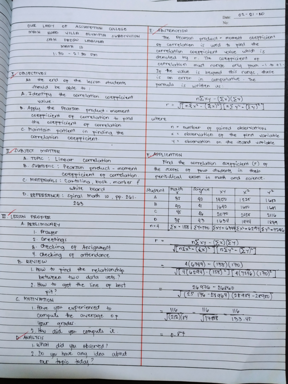 Lesson Plan about Pearson Product Math 10 - Secondary education - Studocu