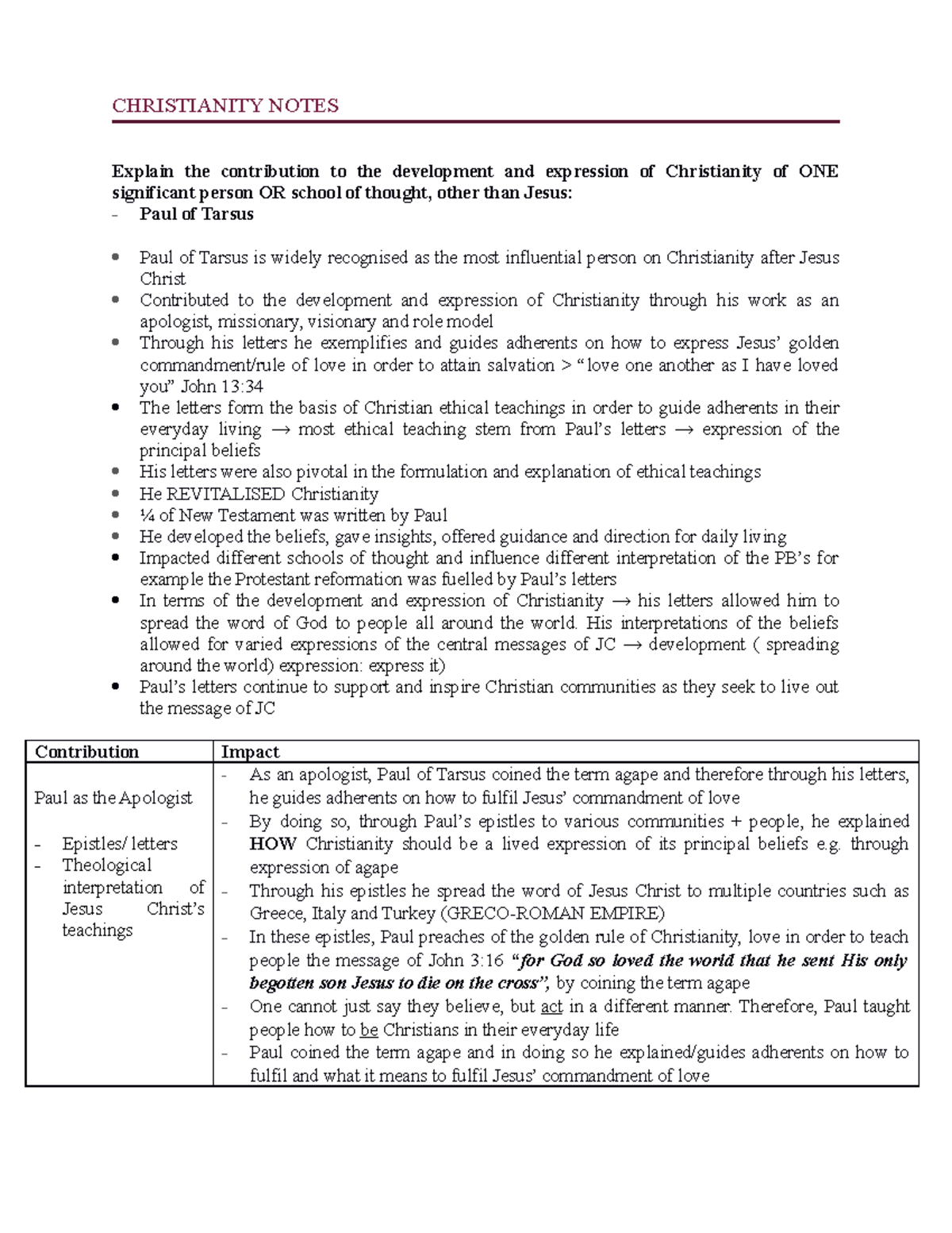 Christianity Notes - CHRISTIANITY NOTES **Explain the contribution to ...