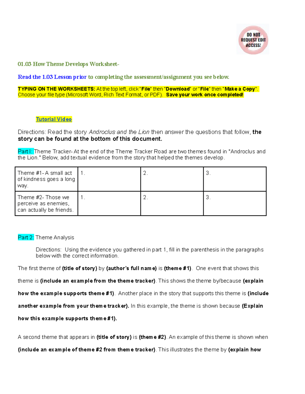 1.03 How Theme Develops Worksheet - 01 How Theme Develops Worksheet ...