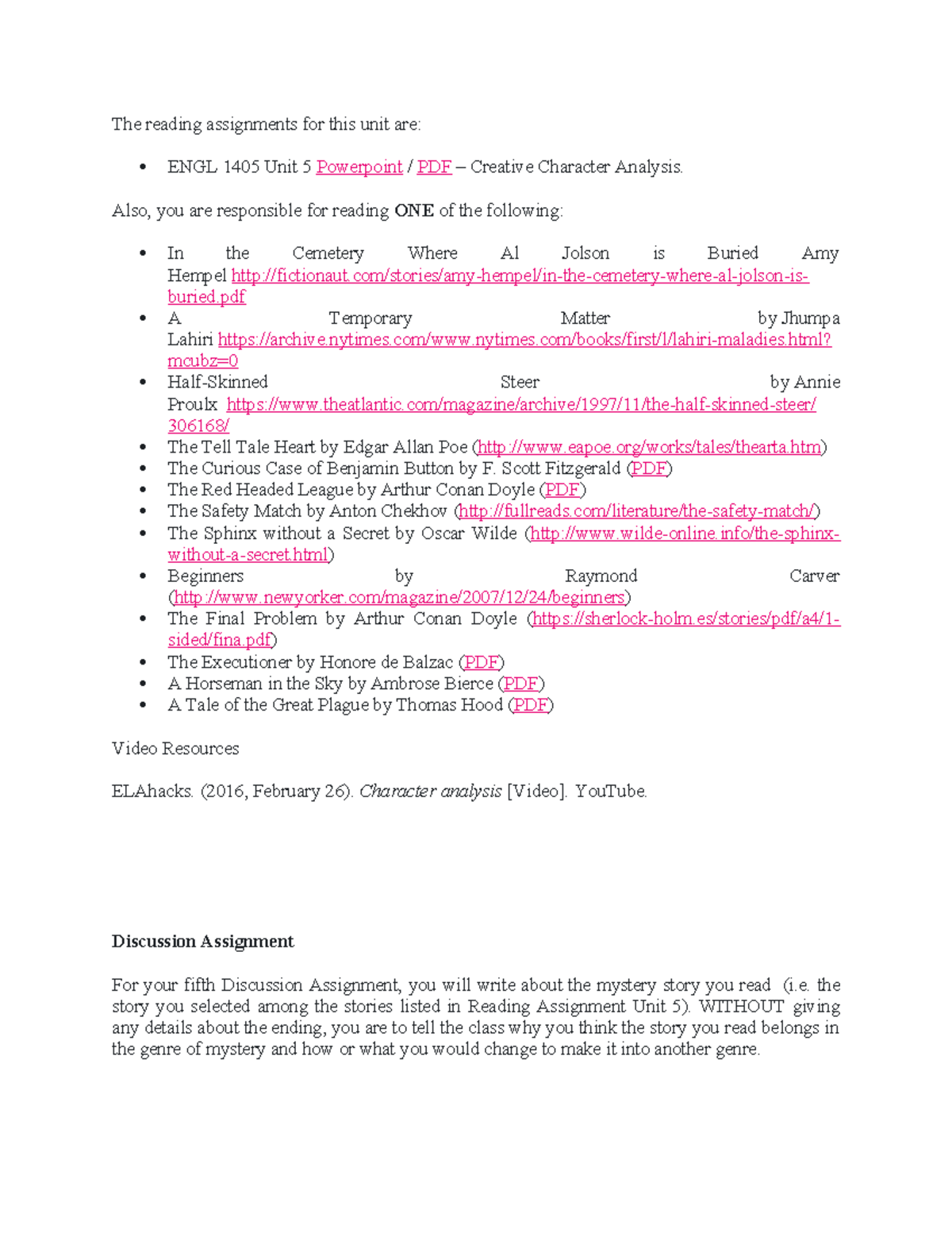 Discussion Assignment Unit 5 - The reading assignments for this unit are: ENGL 1405 Unit 5 - Studocu
