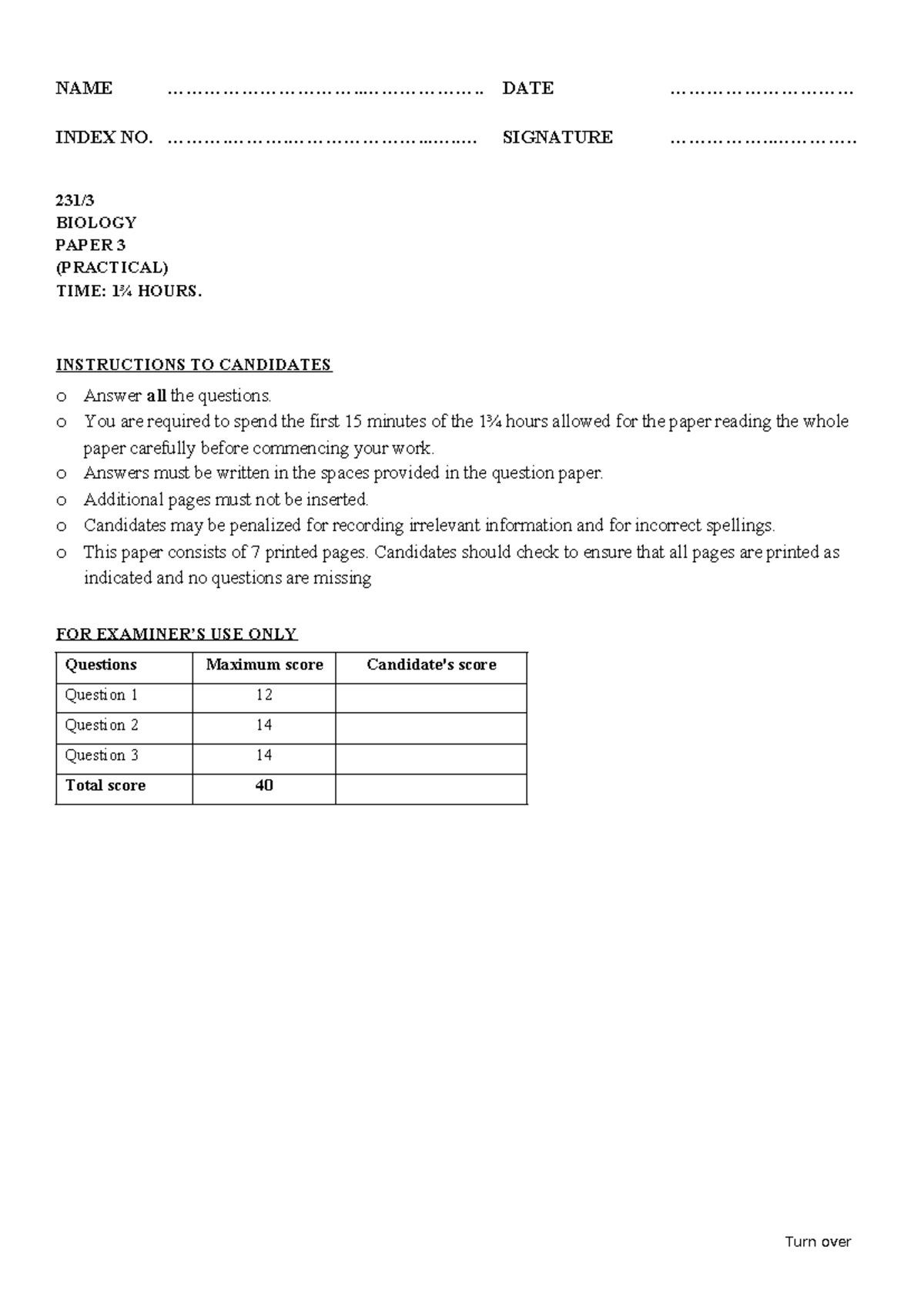Biology Practical Exam 18 Questions - NAME