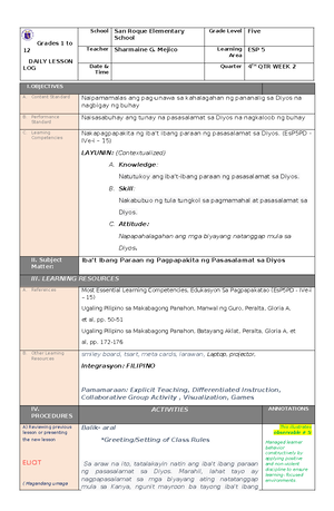 COT DLP Q3 AP5 - LESSON PLAN - PANG-ARAW-ARAW NA TALA SA PAGTUTURO Paaralan PAARALANG ...