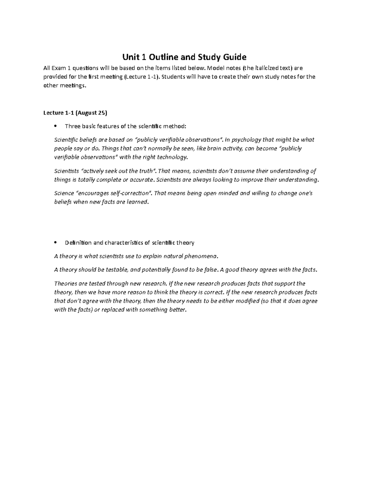 Unit 1 - Outline and Study Guide - Model notes (the italicized text ...