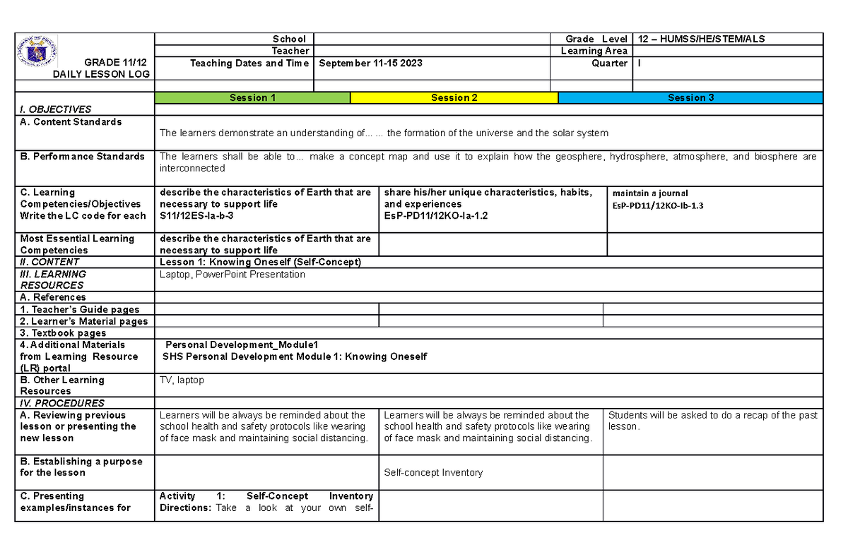 ES - None - GRADE 11/ DAILY LESSON LOG School Grade Level 12 – HUMSS/HE ...