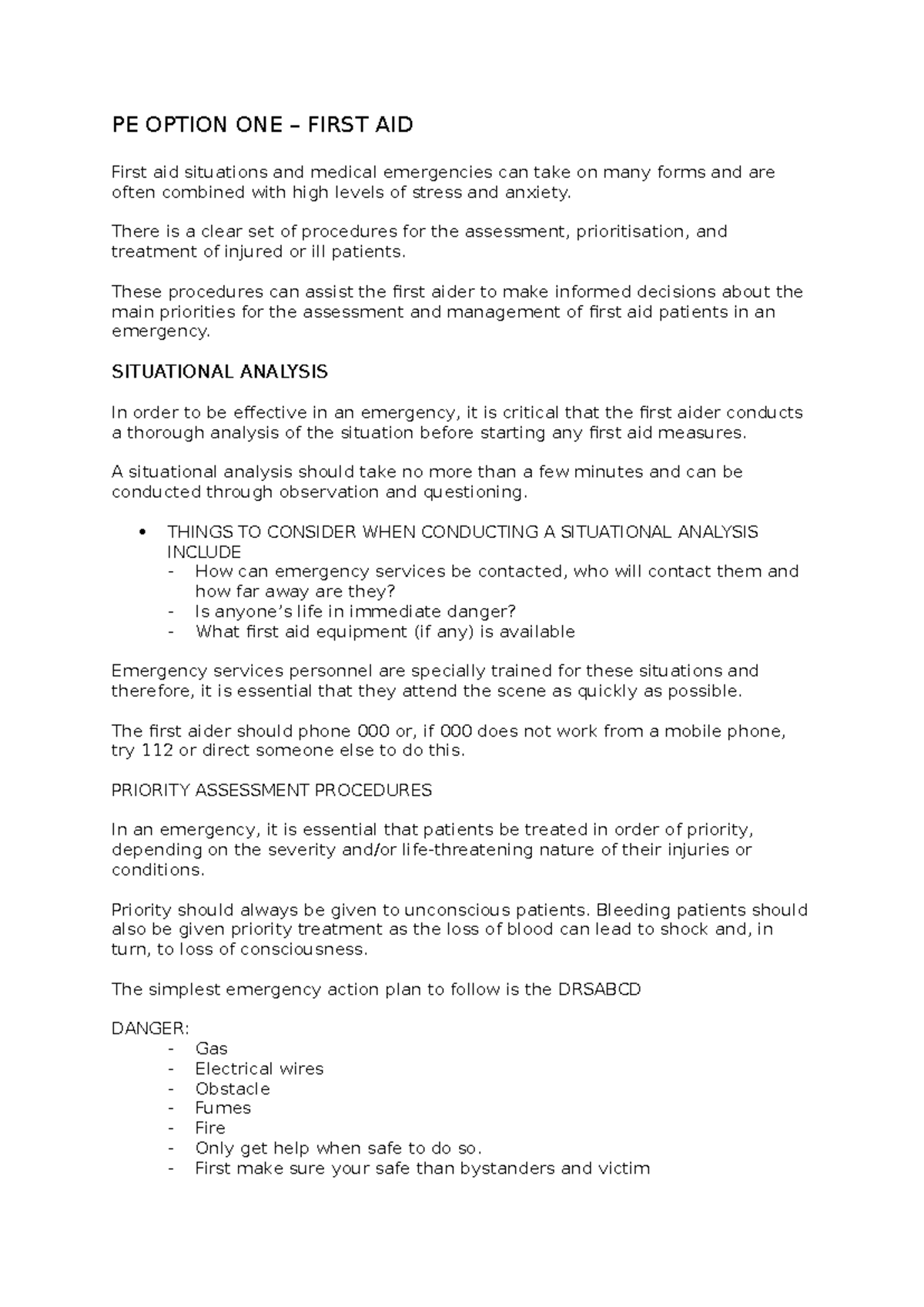 PE Option ONE - First AID - PE OPTION ONE – FIRST AID First aid ...