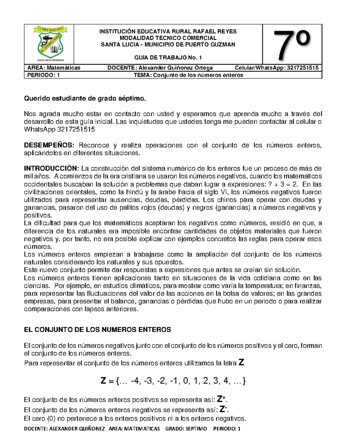 GUIA 1 del área de matemáticas grado séptimo - 7º INSTITUCIÓN EDUCATIVA ...