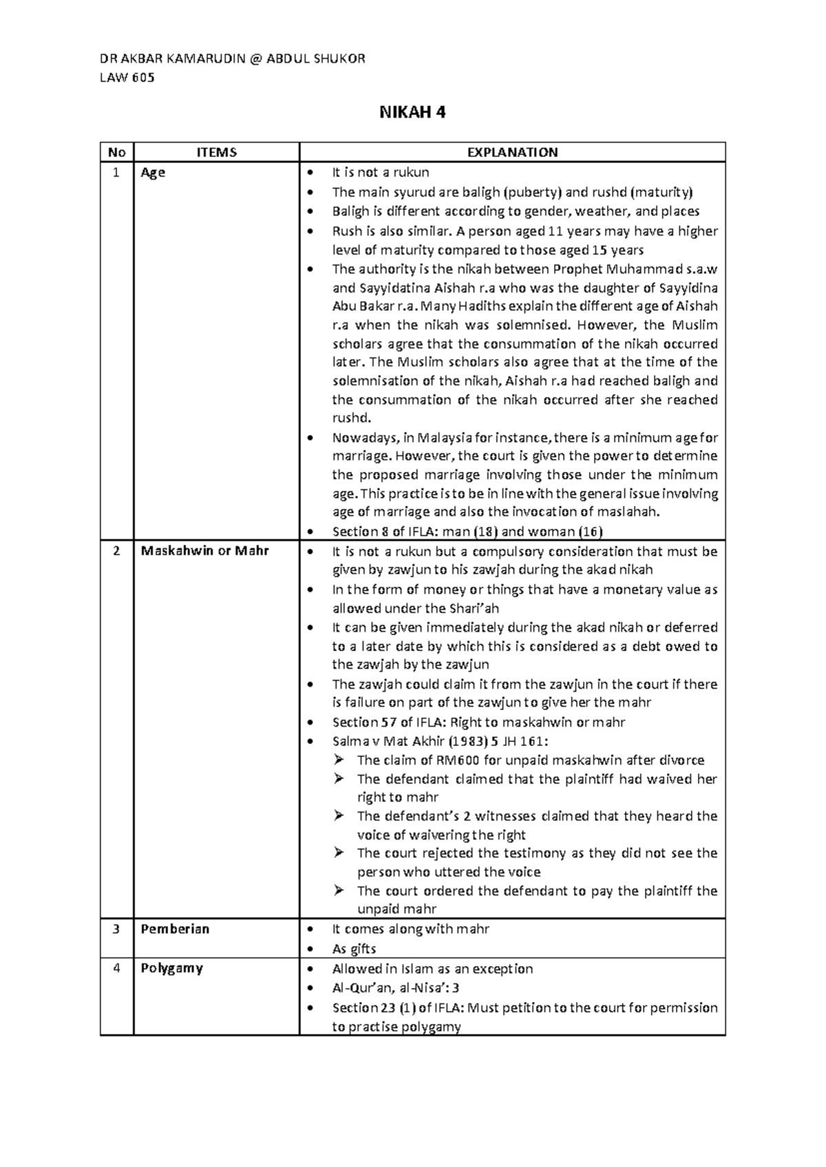 Law 605. Notes. Nikah 4 - DR AKBAR KAMARUDIN @ ABDUL SHUKOR LAW 605 ...