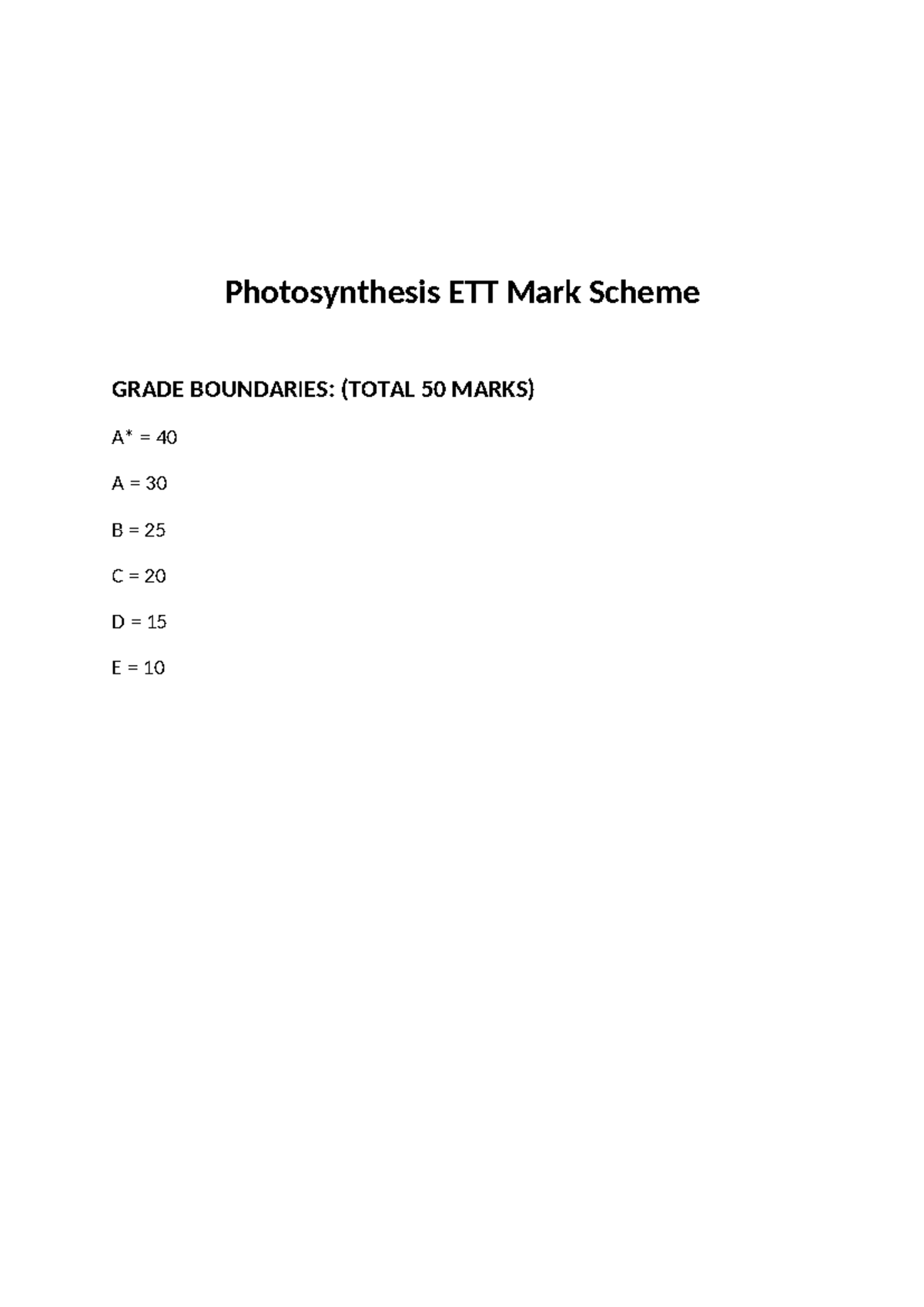 A Level Photosynthesis ETT MS NEW SPEC - Photosynthesis ETT Mark Scheme ...