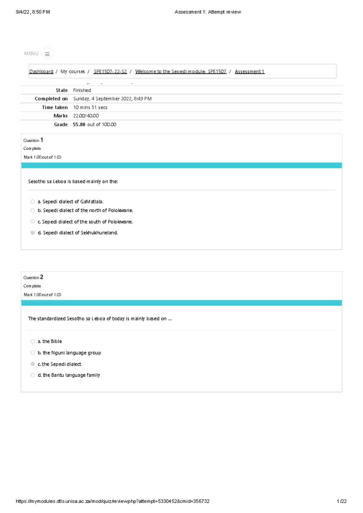 Assessment 1 Attempt review - Started on Sunday, 4 September 2022, 8:38 ...