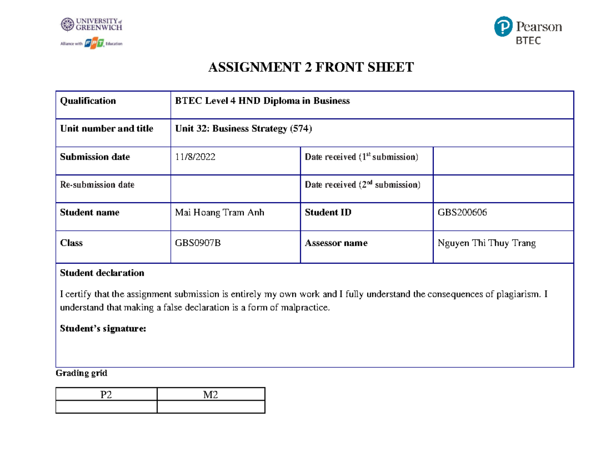 574 - asm2 - 574 - ASSIGNMENT 2 FRONT SHEET Qualification BTEC Level 4 HND Diploma in Business ...