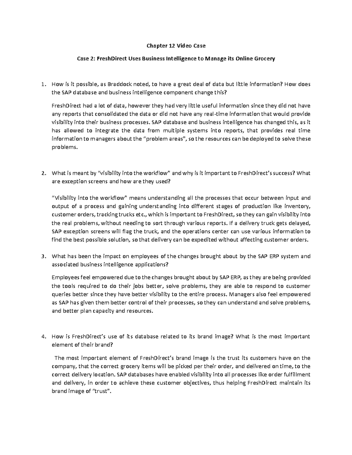 Chapter 12 Video Case - Chapter 12 Video Case Case 2: FreshDirect Uses Business Intelligence to ...