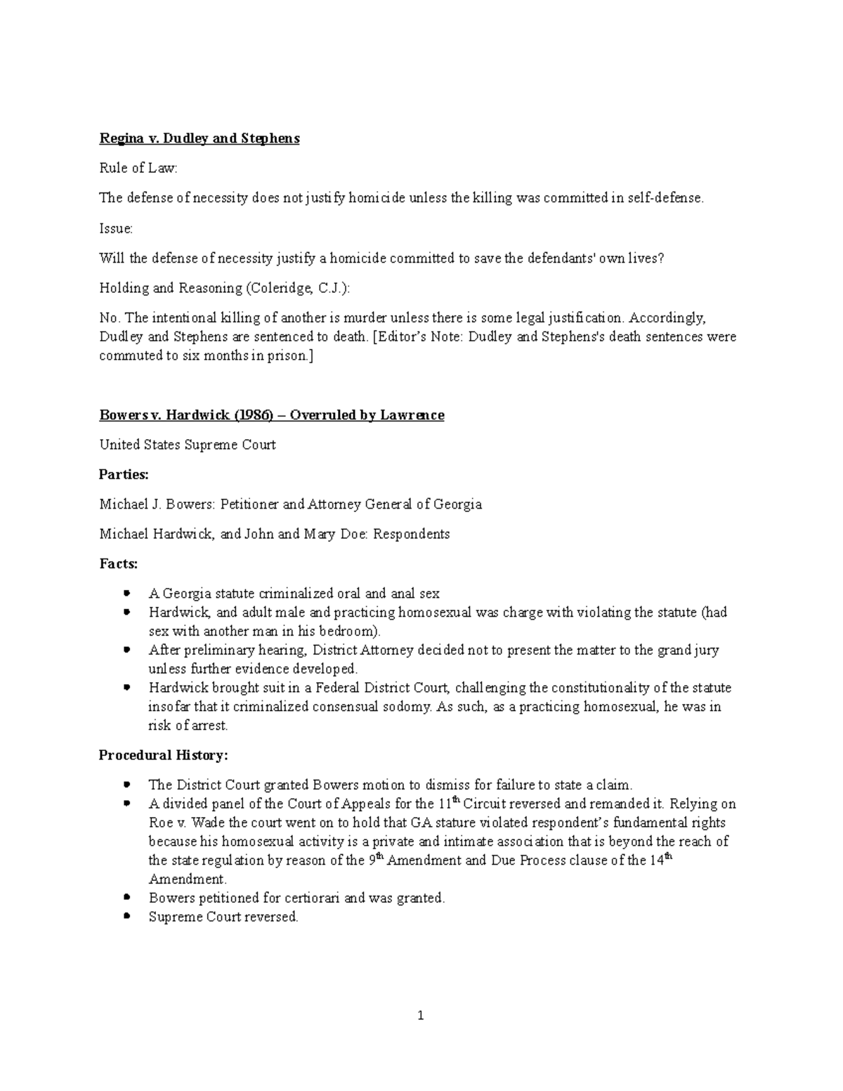 Case Outline - Regina v. Dudley and Stephens Rule of Law: The defense ...