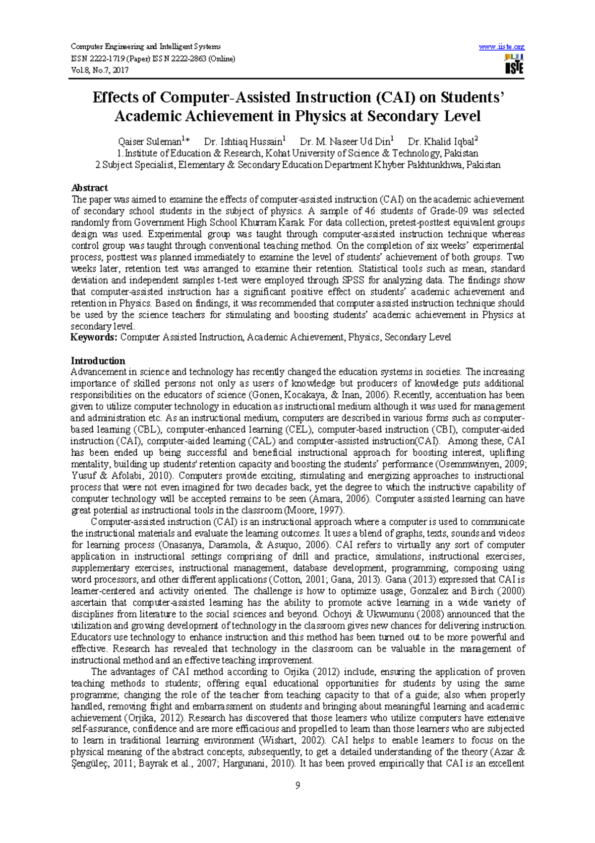 Effects of Computer Assisted Instruction - ISSN 2222-1719 (Paper) ISSN ...