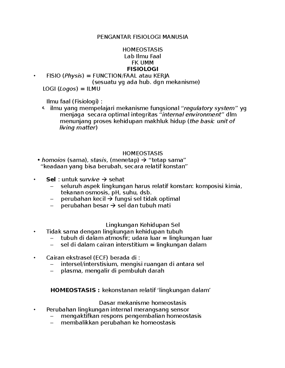 Pengantar Fisiologi Farmasi - PENGANTAR FISIOLOGI MANUSIA HOMEOSTASIS ...