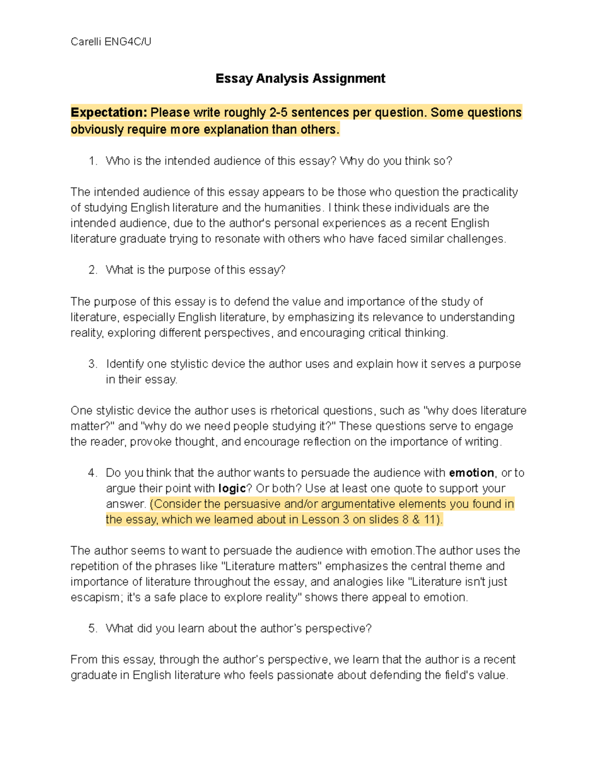 Copy of Essay Analysis Assignment - Google Docs - Carelli ENG4C/U Essay ...