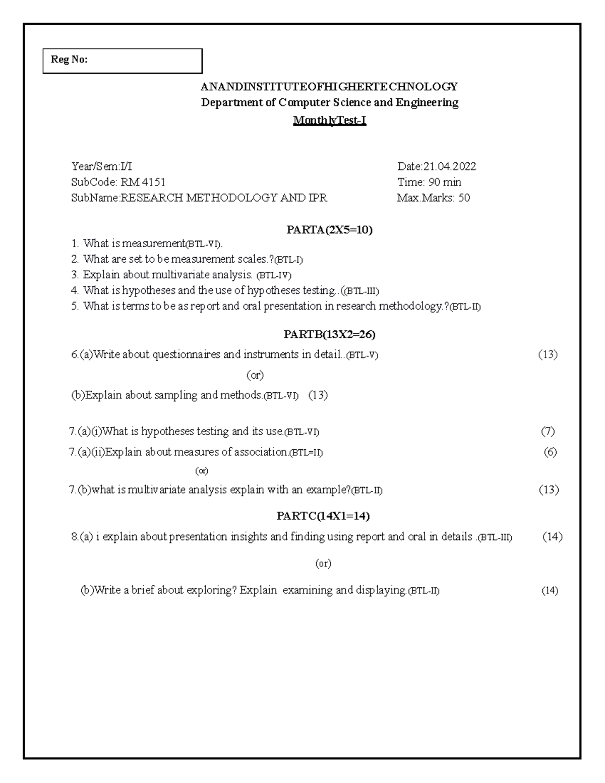 MT-II M.E RM4151 Question Paper - Reg No ...