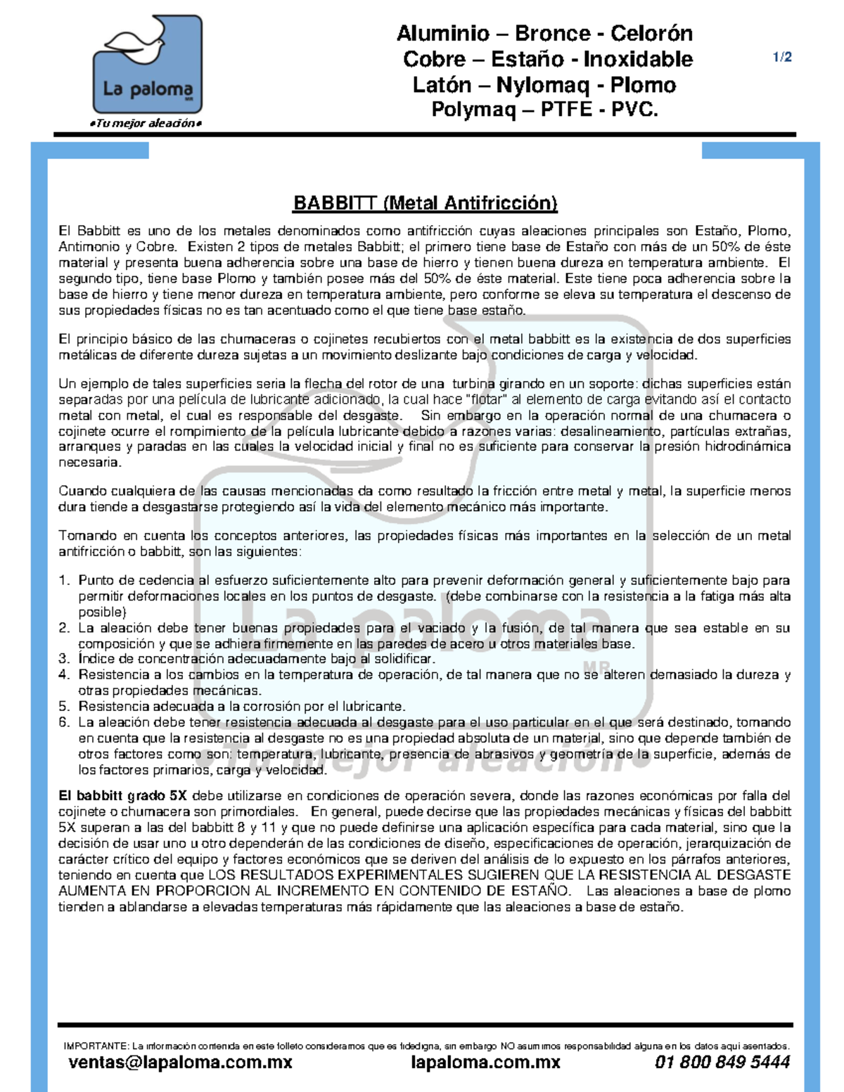 DUREZA DE Metales Babbit - 1/ IMPORTANTE: La información contenida en este folleto consideramos ...