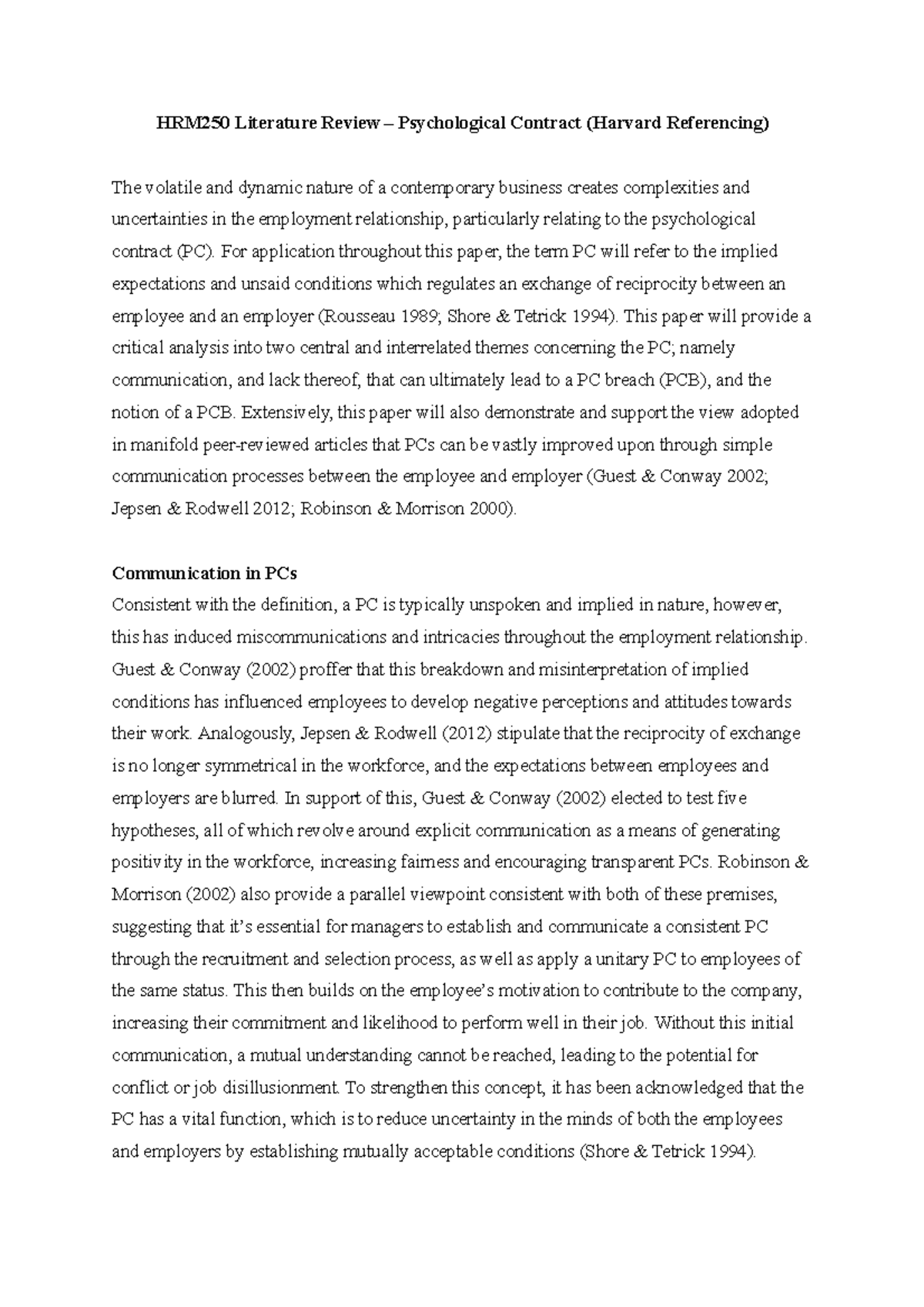 HRM250 - Distinction Level Essay - HRM250 Literature Review ...