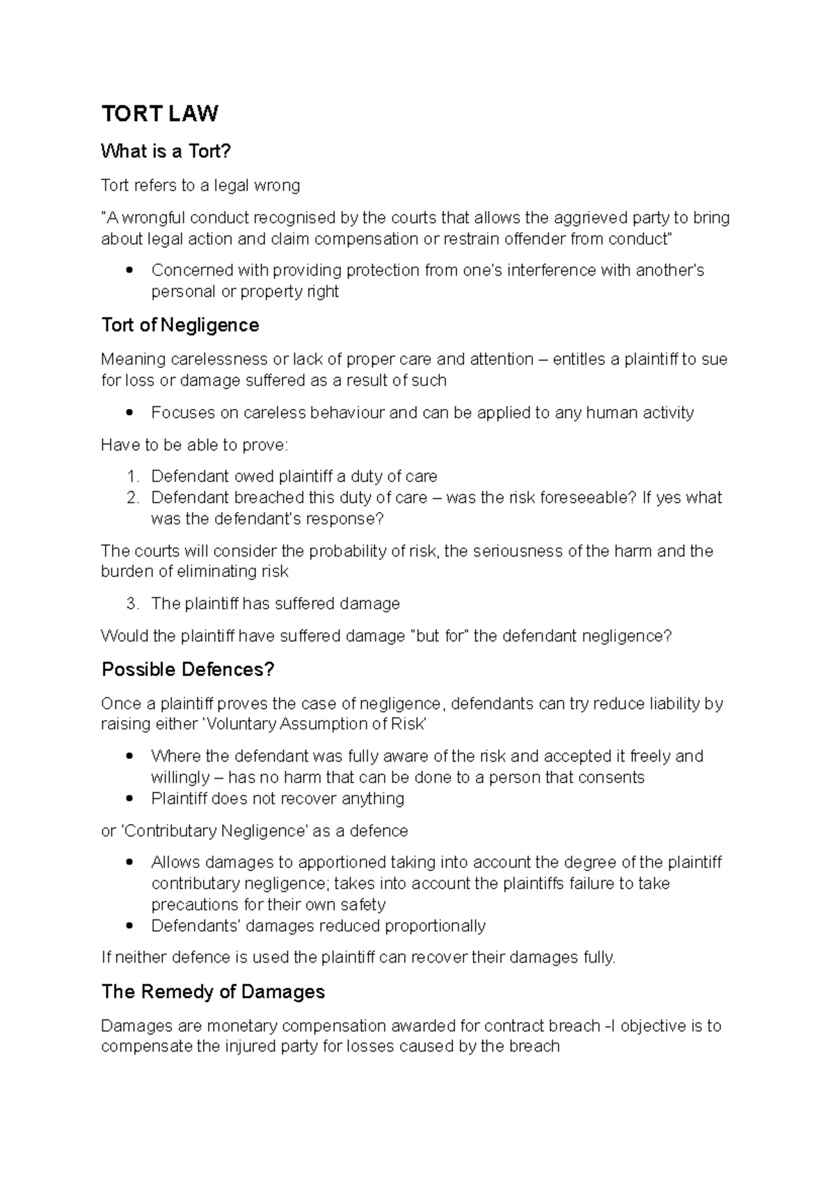 TORT LAW - M\NOTES - TORT LAW What is a Tort? Tort refers to a legal ...