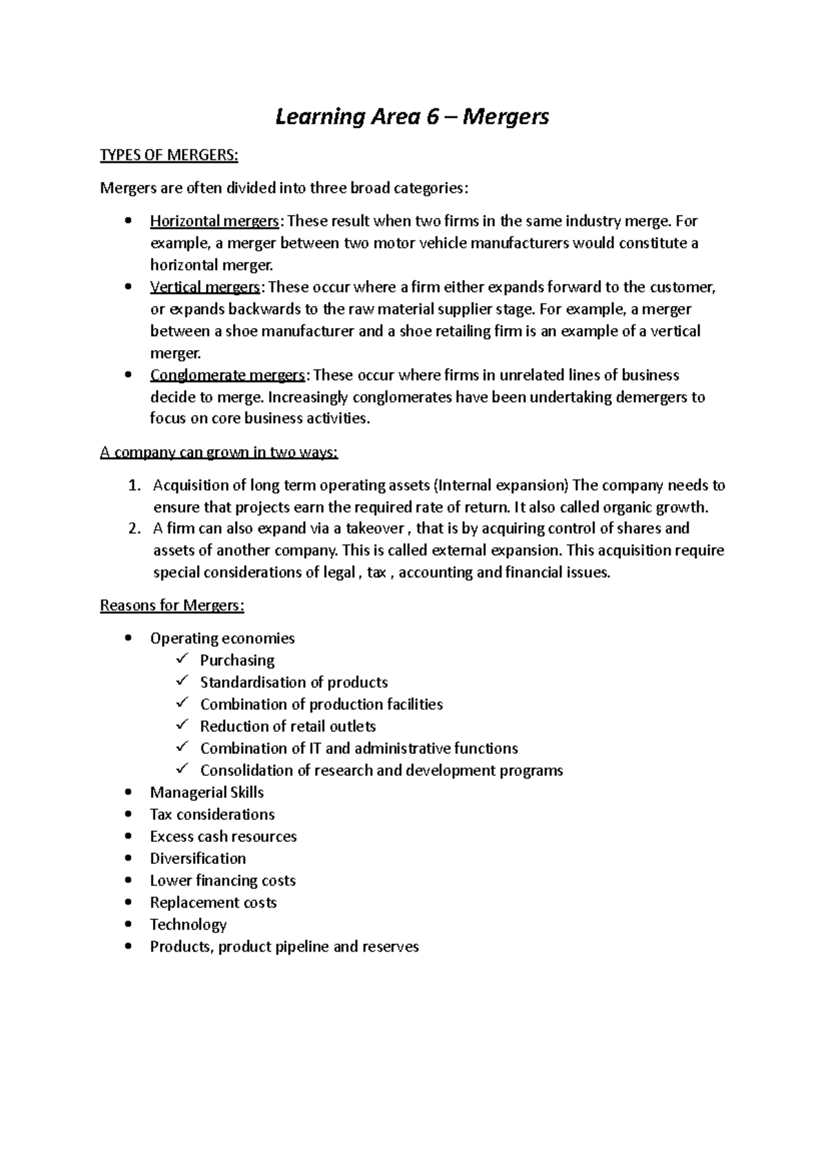 FBS320 Merger Word document - Learning Area 6 – Mergers TYPES OF ...