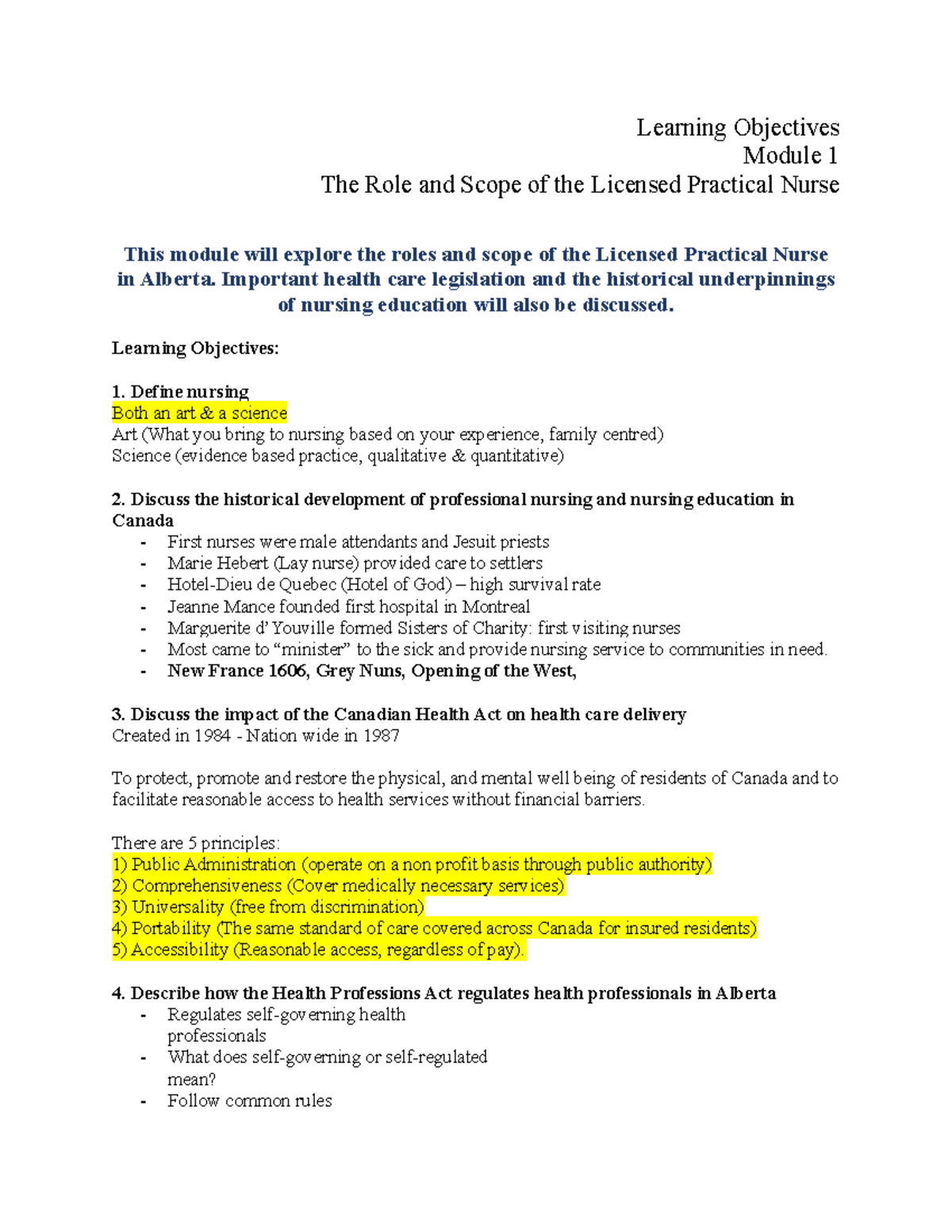 Nursing Arts LO Module 1 - Learning Objectives Module 1 The Role and Scope of the Licensed ...