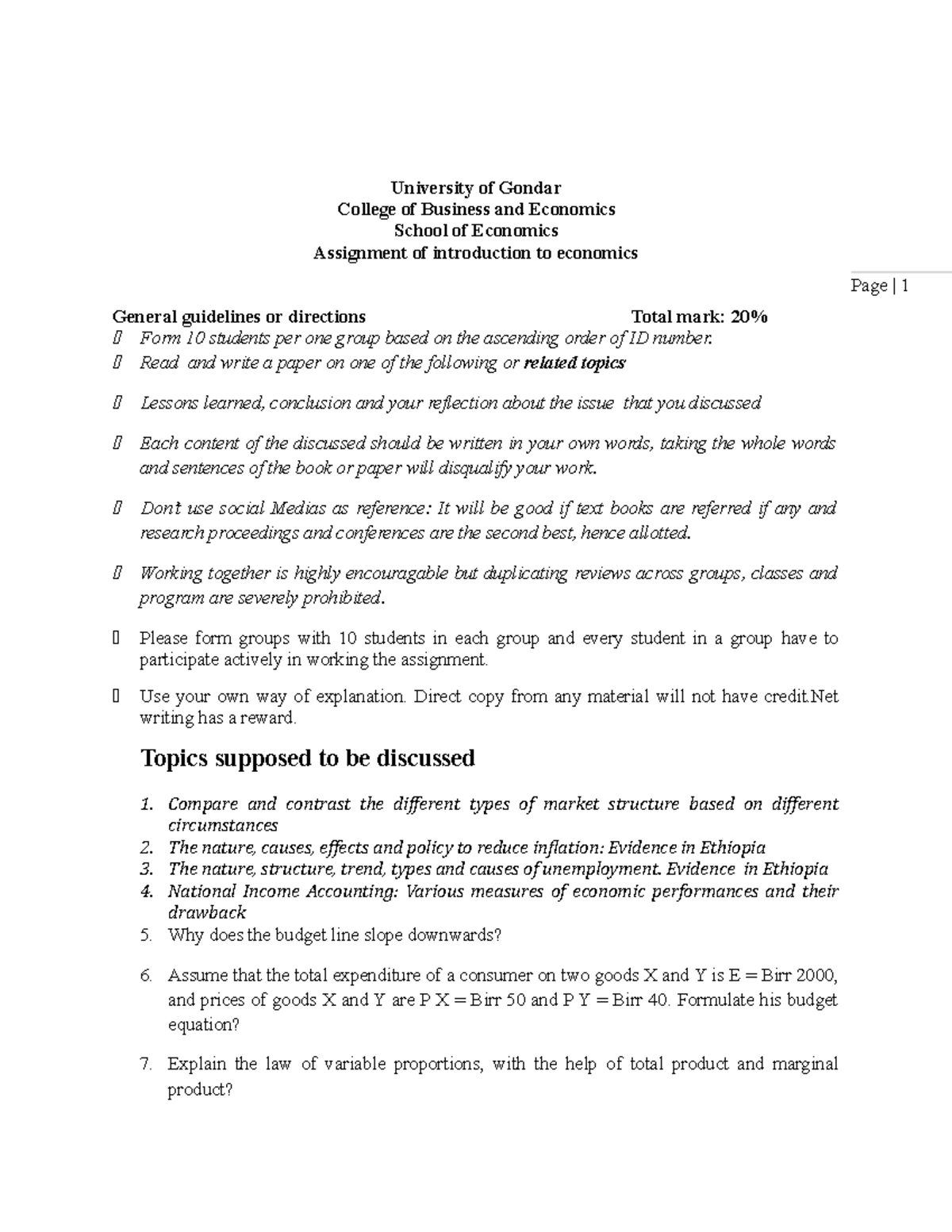 Assignment for introduction to economics - University of Gondar College ...