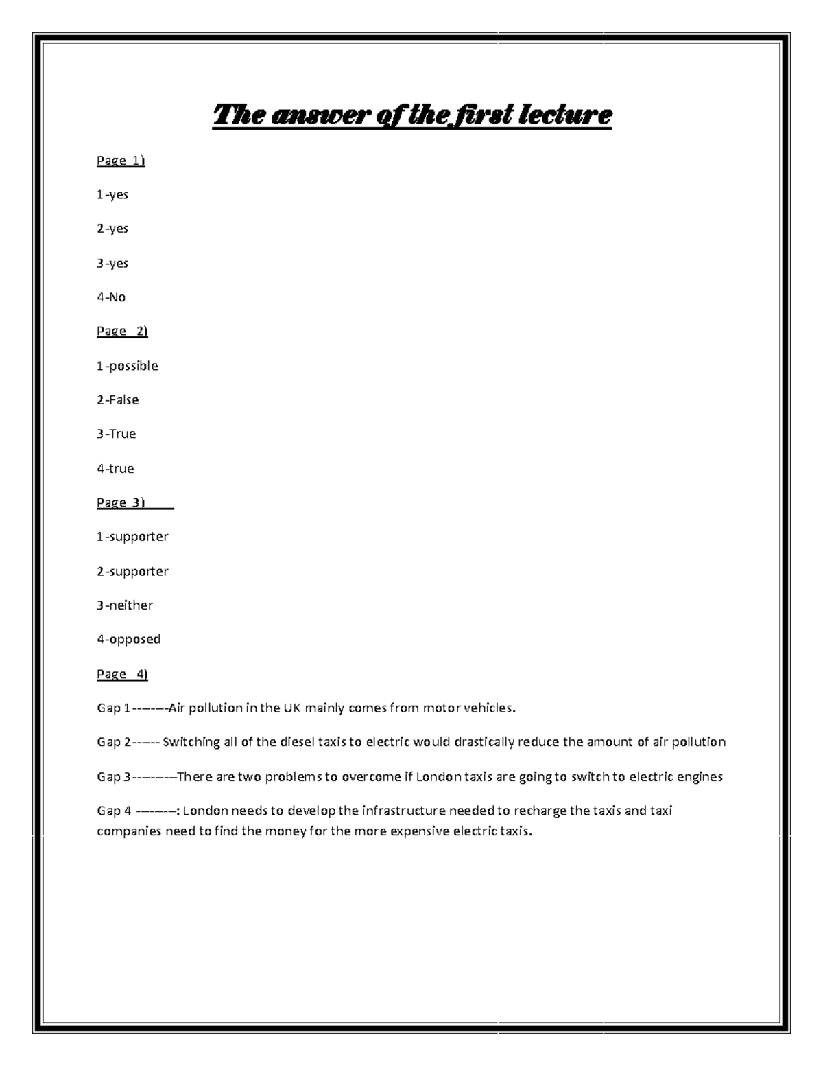 The answers for the first and second lecture . English - The answer of ...