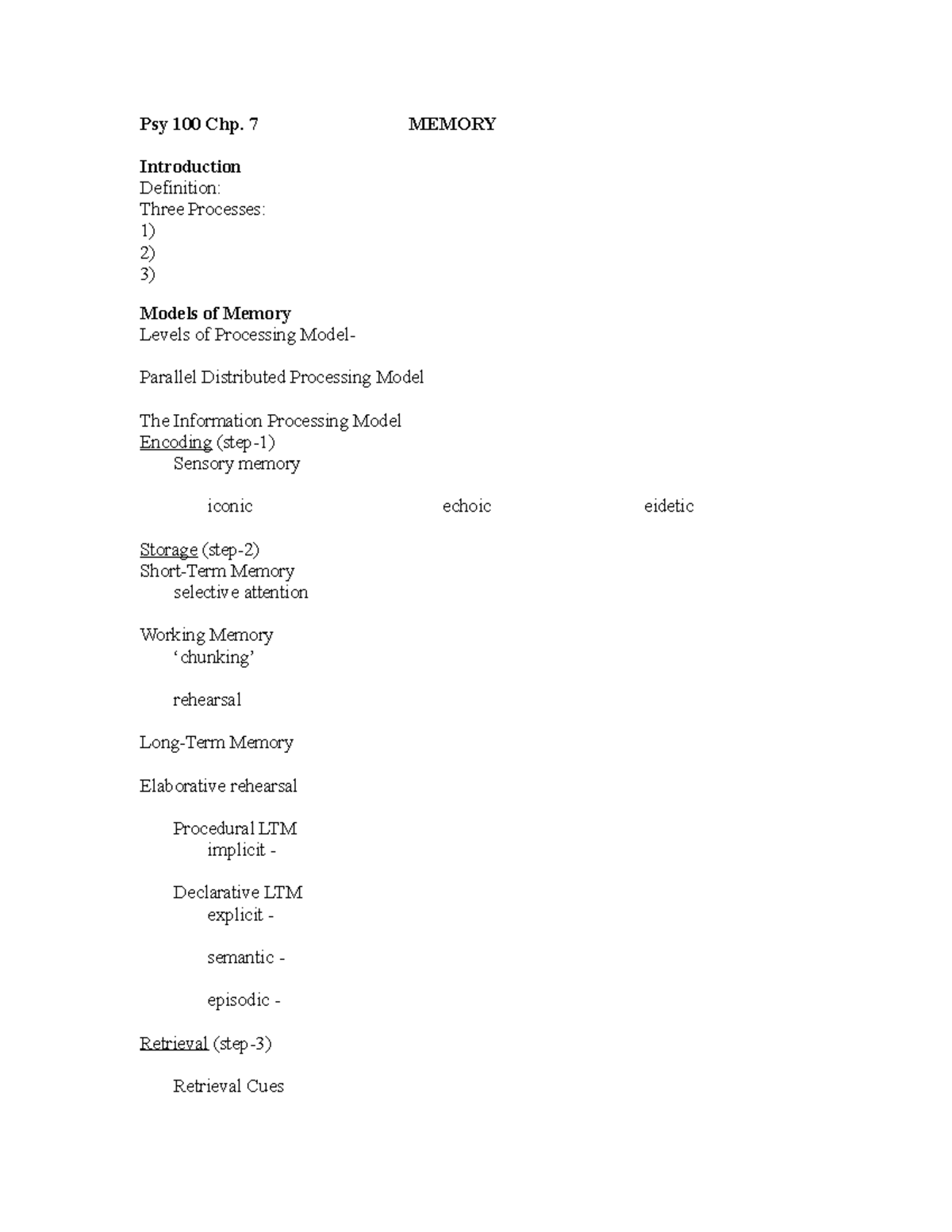C 7 Memory Outline Psy 100 Chp 7 Memory Introduction Definition Three Processes 1 2 3