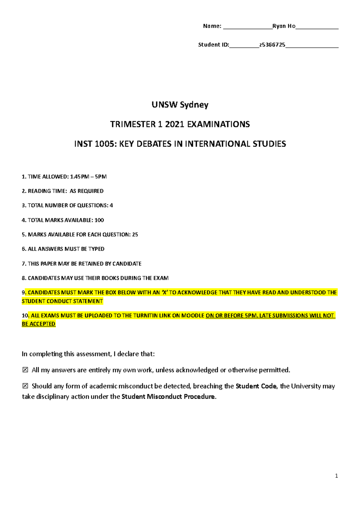 INST 1005 EXAM 2021 - Name: __Ryan Ho Student ID:z5366725_______ UNSW ...