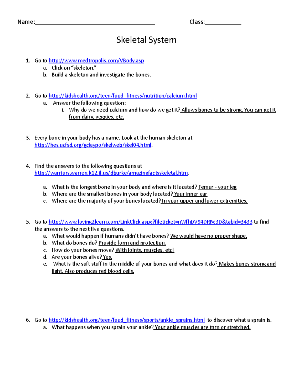 Skeletal System Webquest - Name: Class: Skeletal System 1. Go to ...