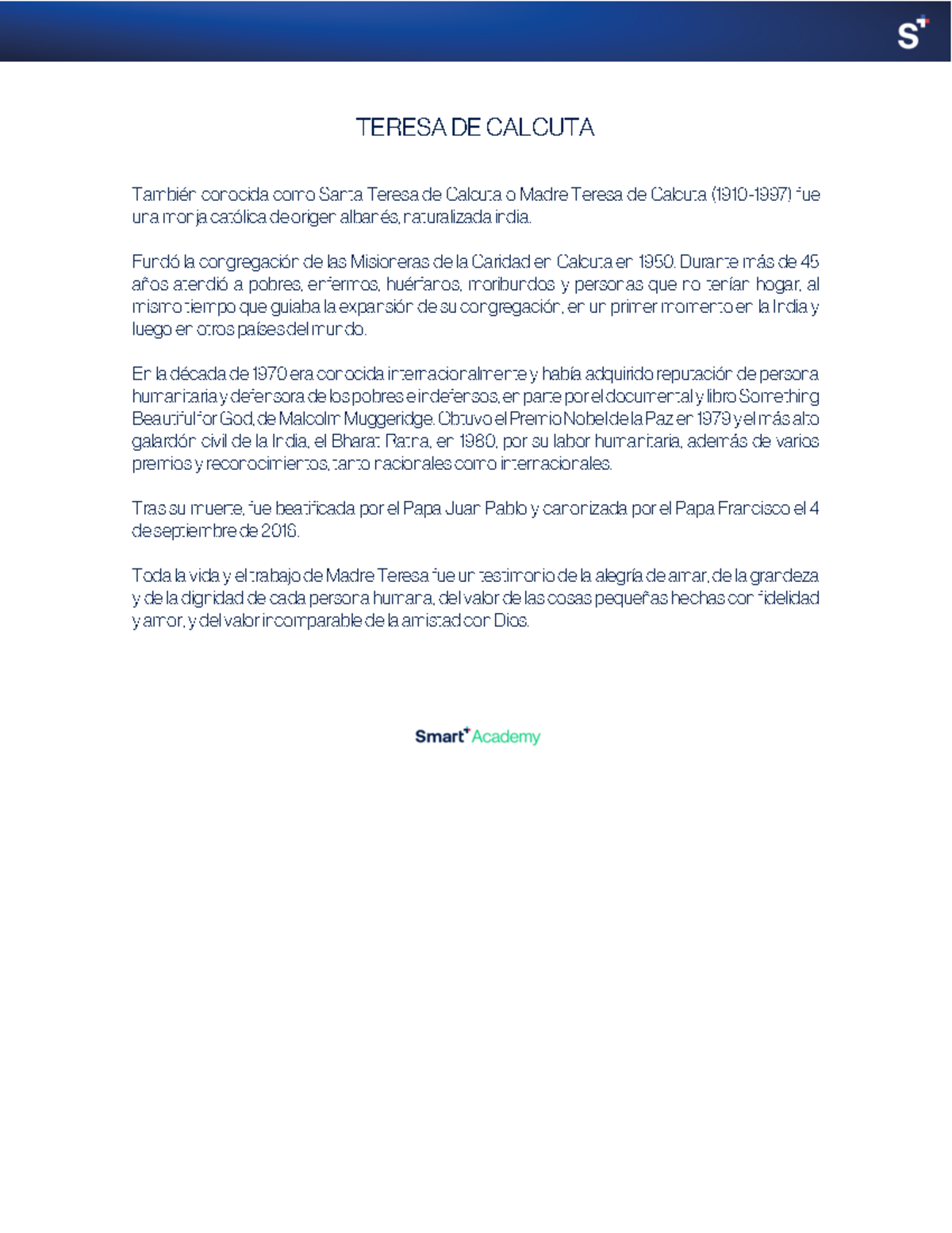 Teresa calcuta - Reseña de español - TERESA DE CALCUTA También conocida ...