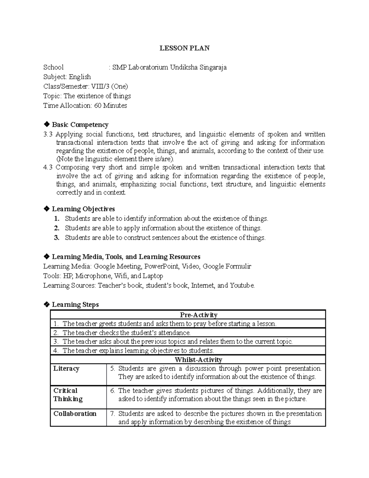 Lesson PLAN FOR DEMO Teaching Existence OF Things Revised LP - LESSON ...