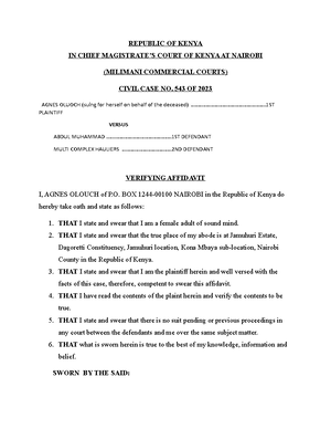 Sample Plaint and list of documents - REPUBLIC OF KENYA IN THE ...