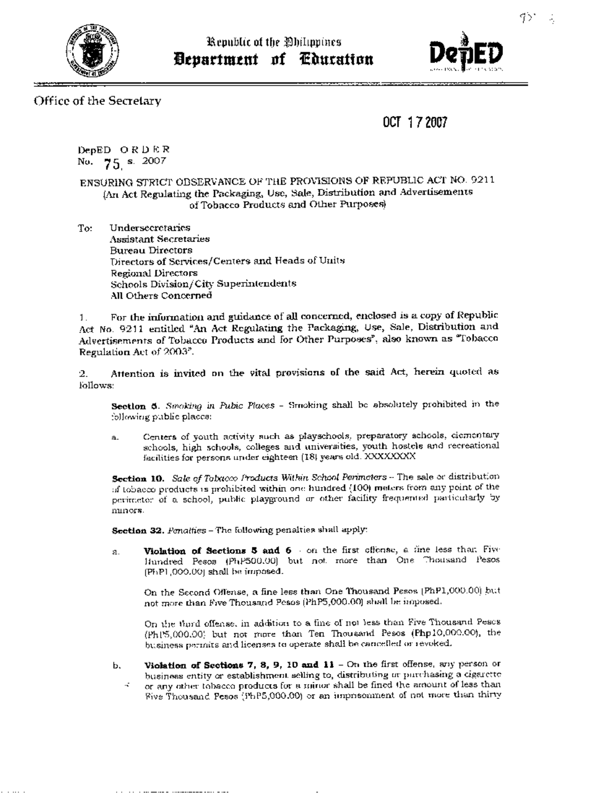 Ensuring Strict Observance OF THE Provisions OF Republic ACT NO. 9211 ...