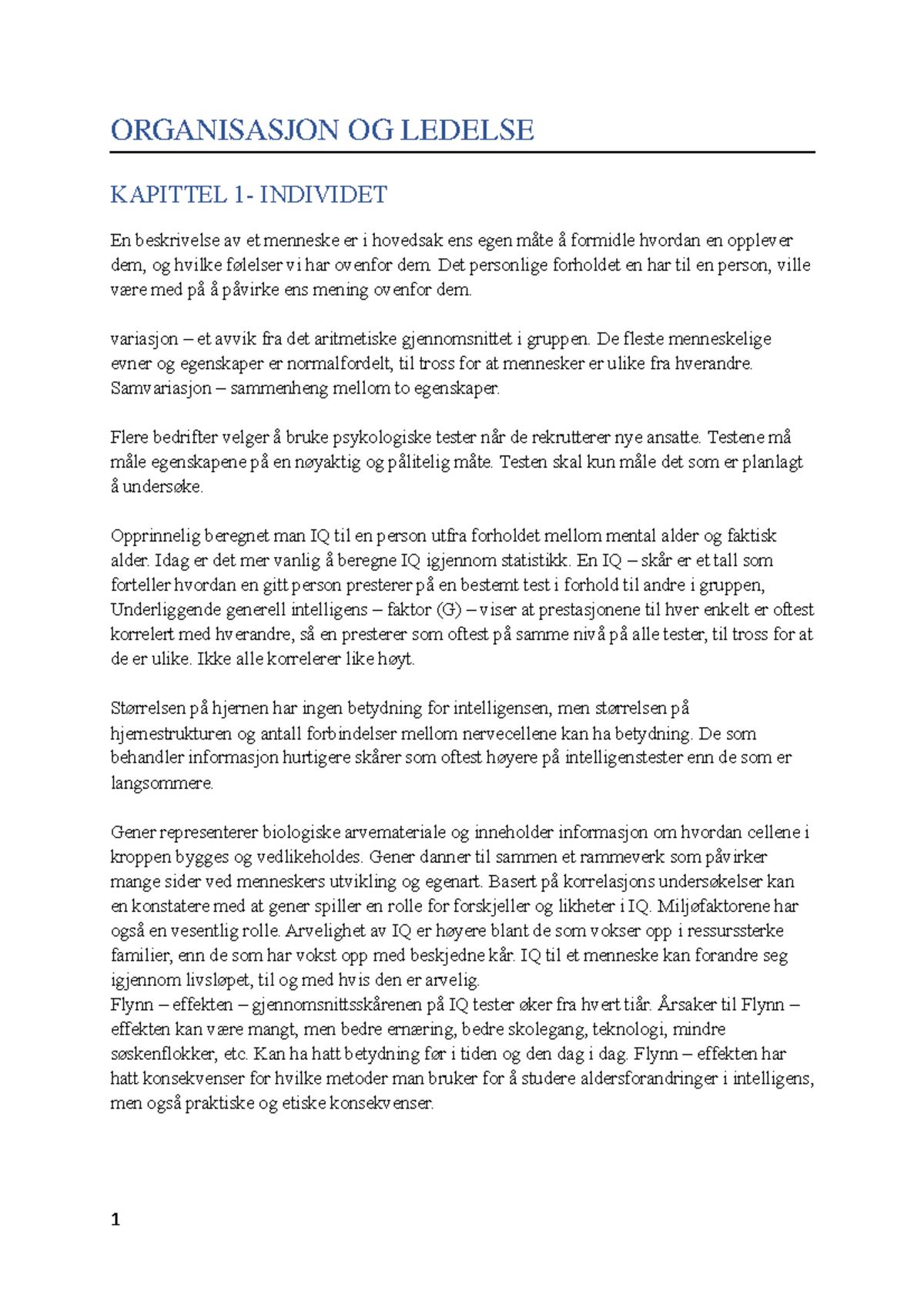 Kapittel 1 - individet - ORGANISASJON OG LEDELSE KAPITTEL 1- INDIVIDET En beskrivelse av et ...