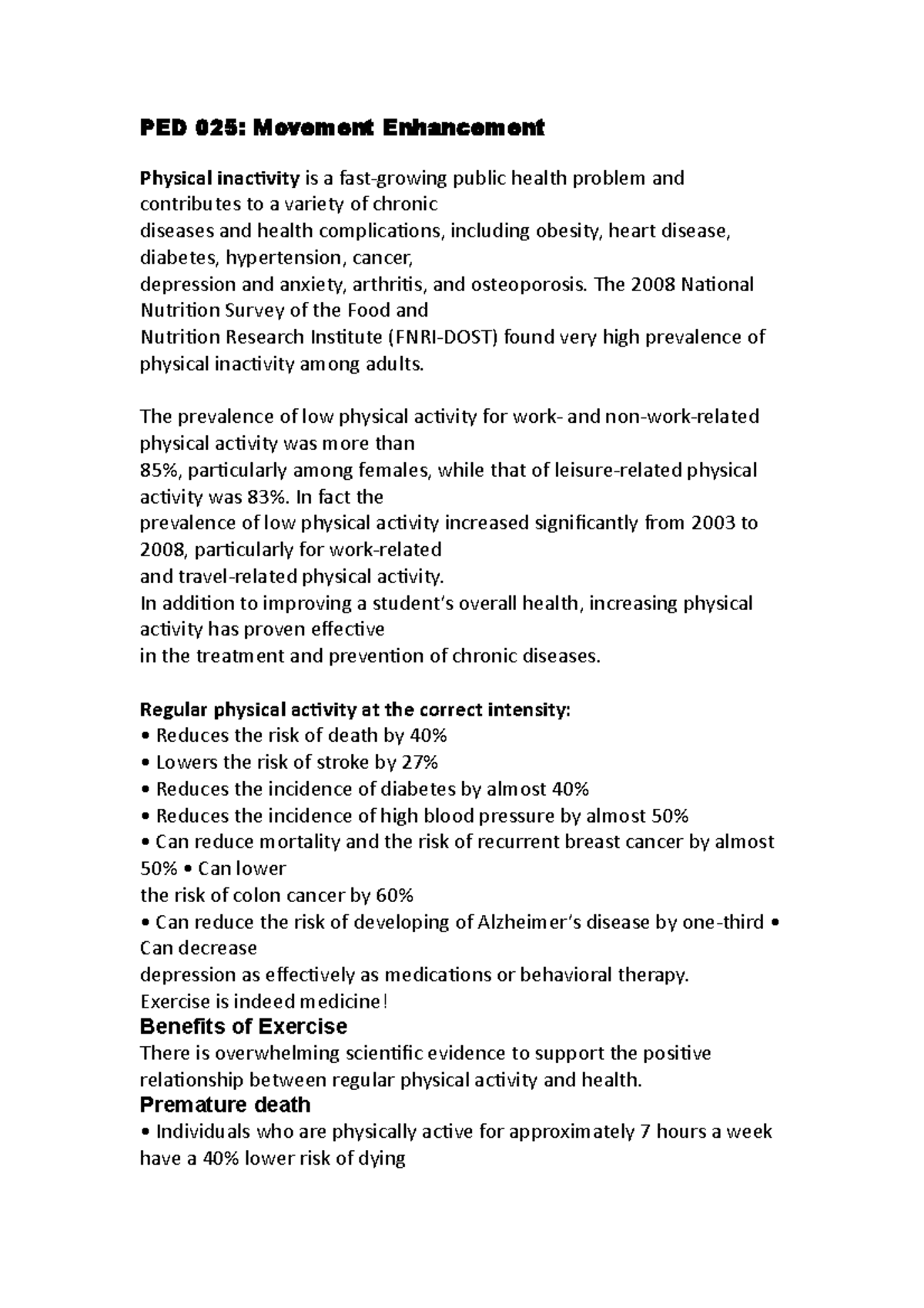 PED 025 Module 1 - PED 025 : Movement Enhancement Physical inactivity ...