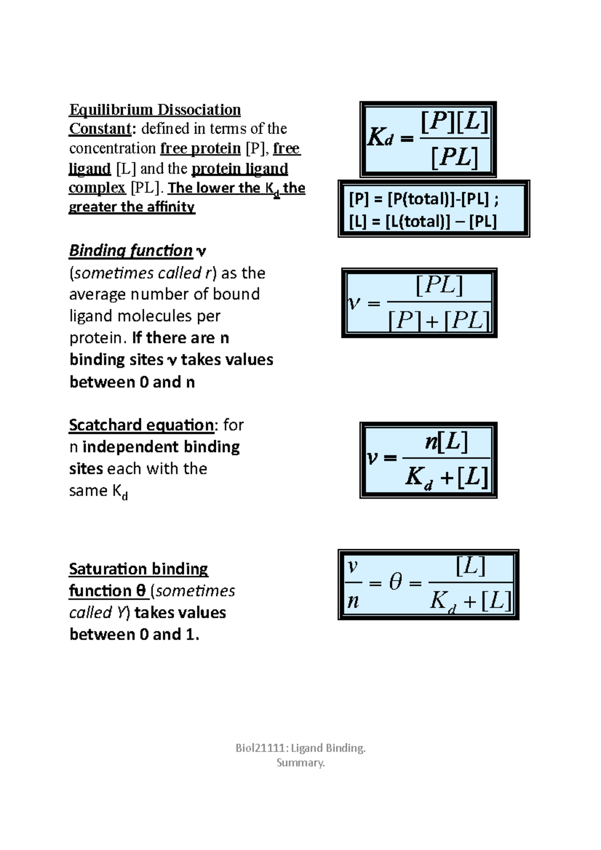 Summary handout - Equilibrium Dissociation Constant: defined in terms ...