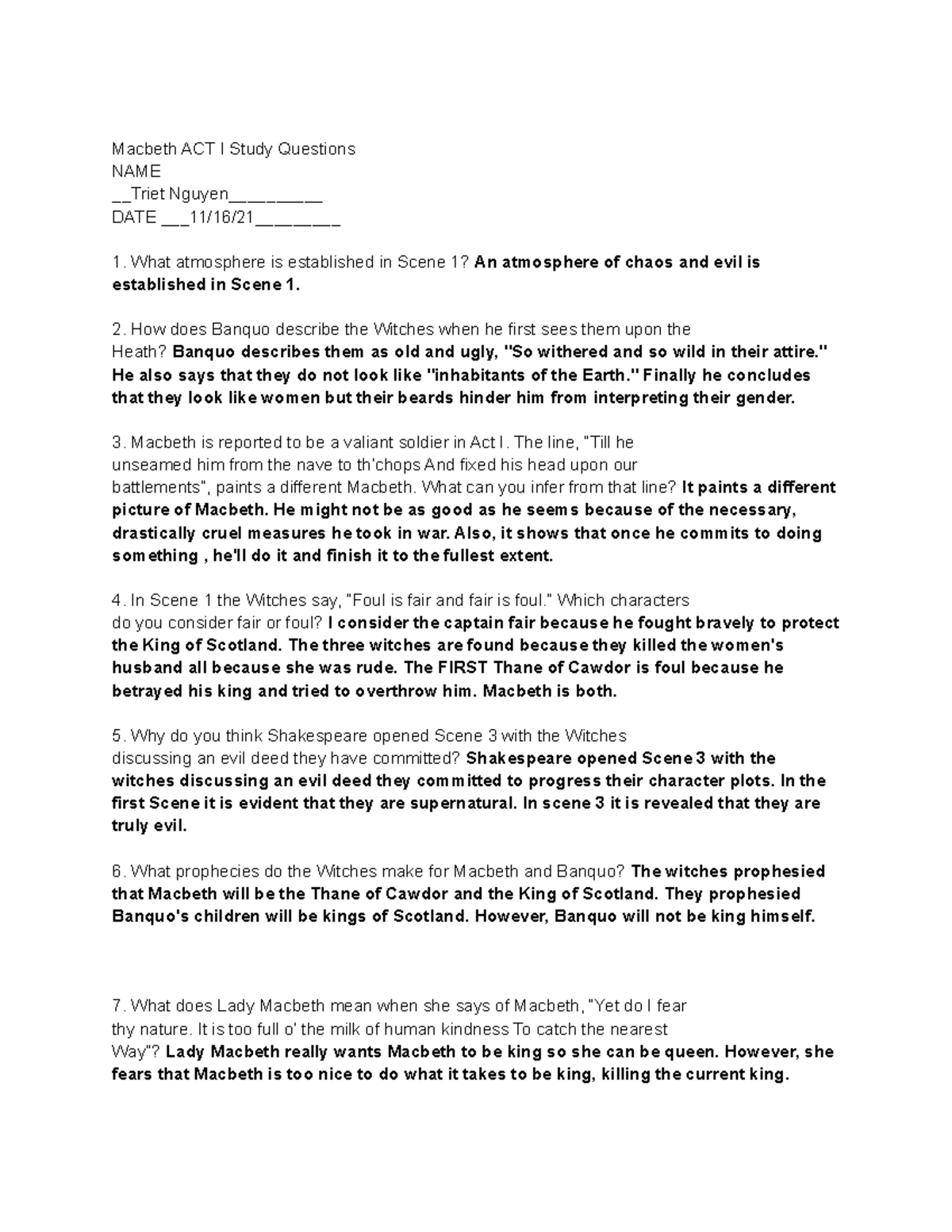 Macbeth Study Questions Act l - Macbeth ACT I Study Questions NAME ...