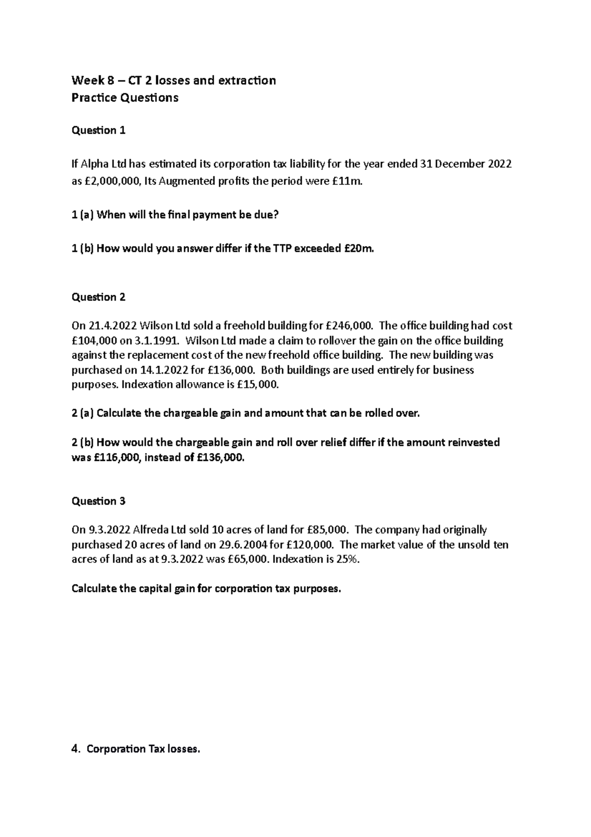Week 8 Practise Qs CT2(1) - Week 8 – CT 2 losses and extraction Practice Questions Question 1 If ...