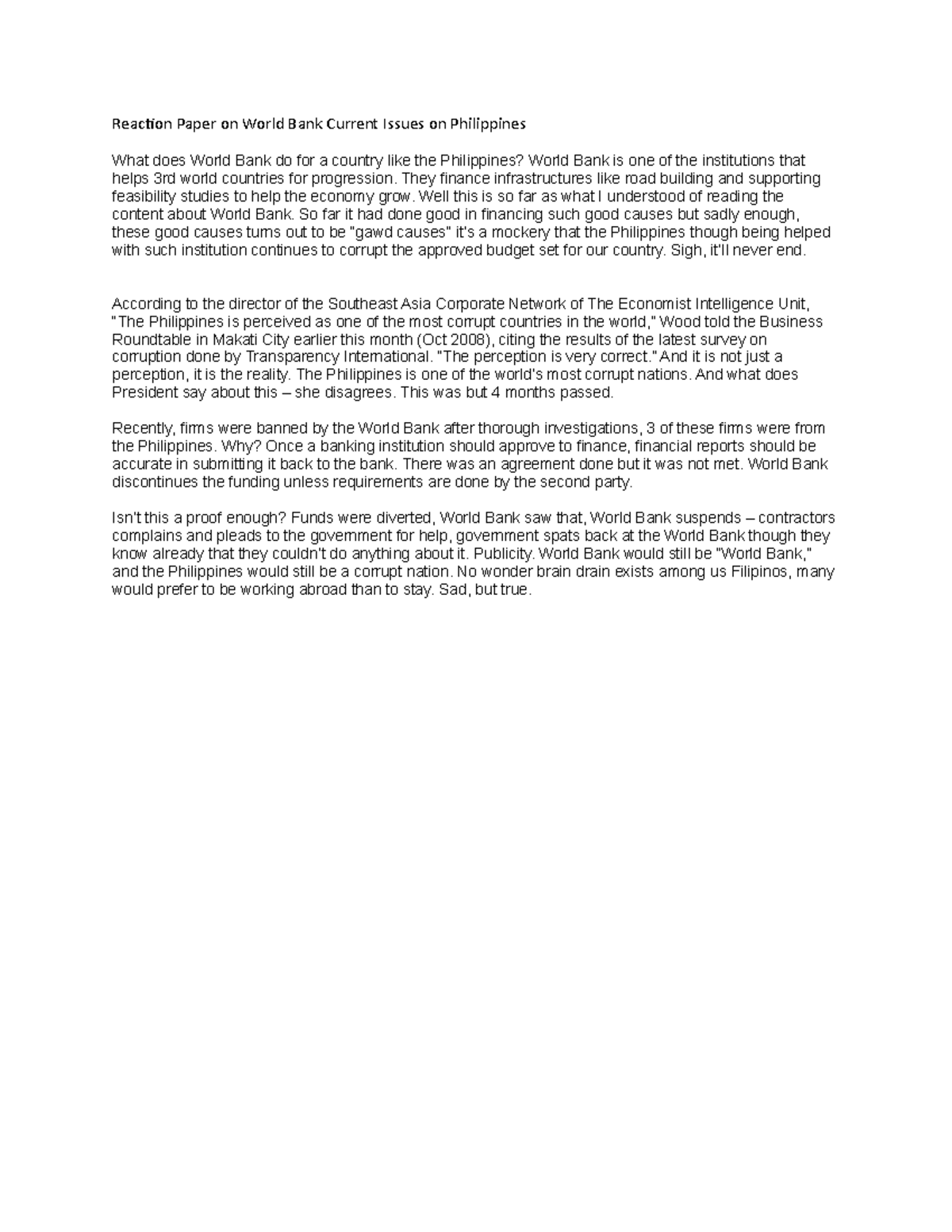 Reaction Paper on World Bank Current Issues on Philippines - They ...